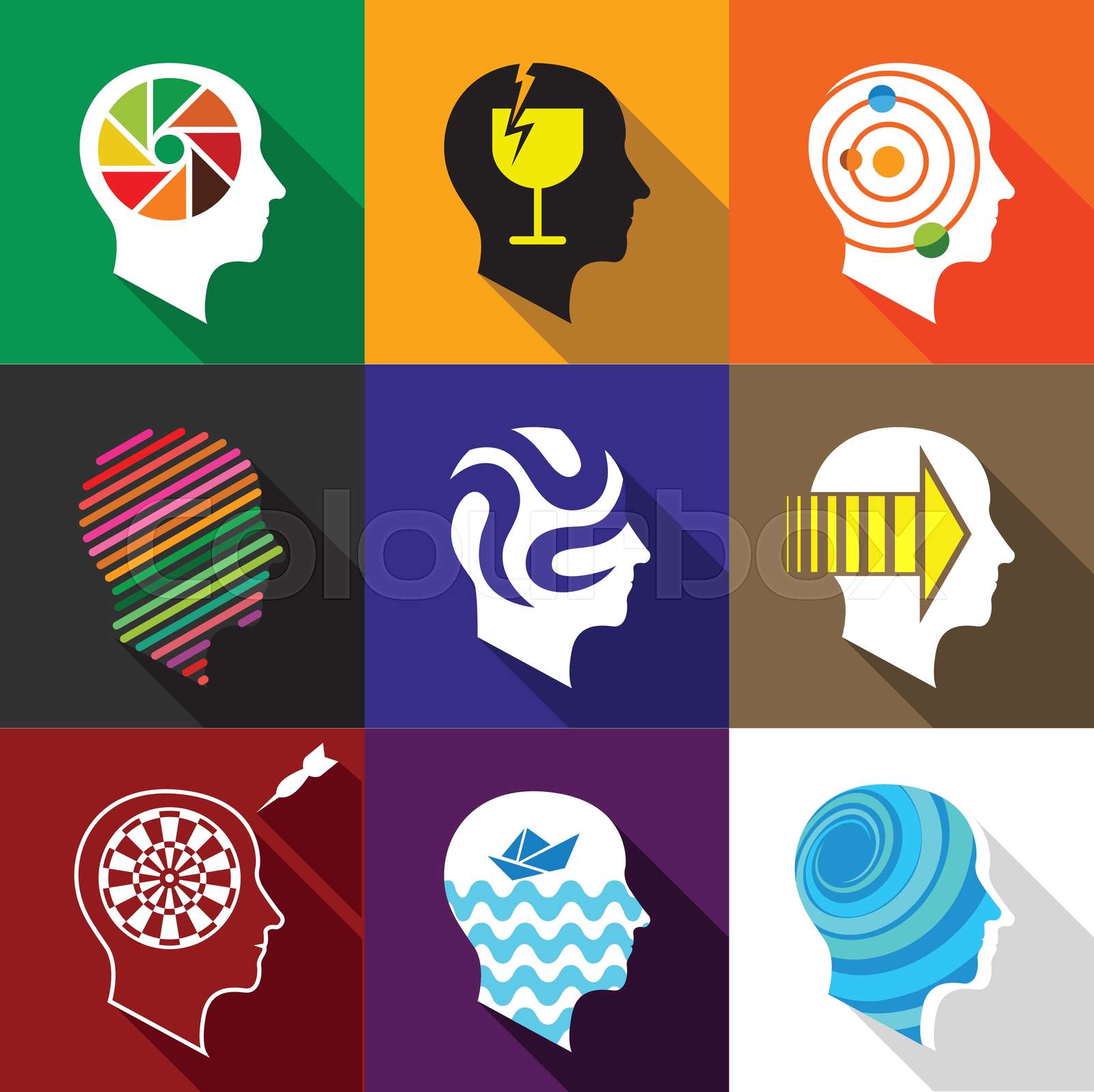 Types of mind in man head icons set,flat style | Stock vector | Colourbox