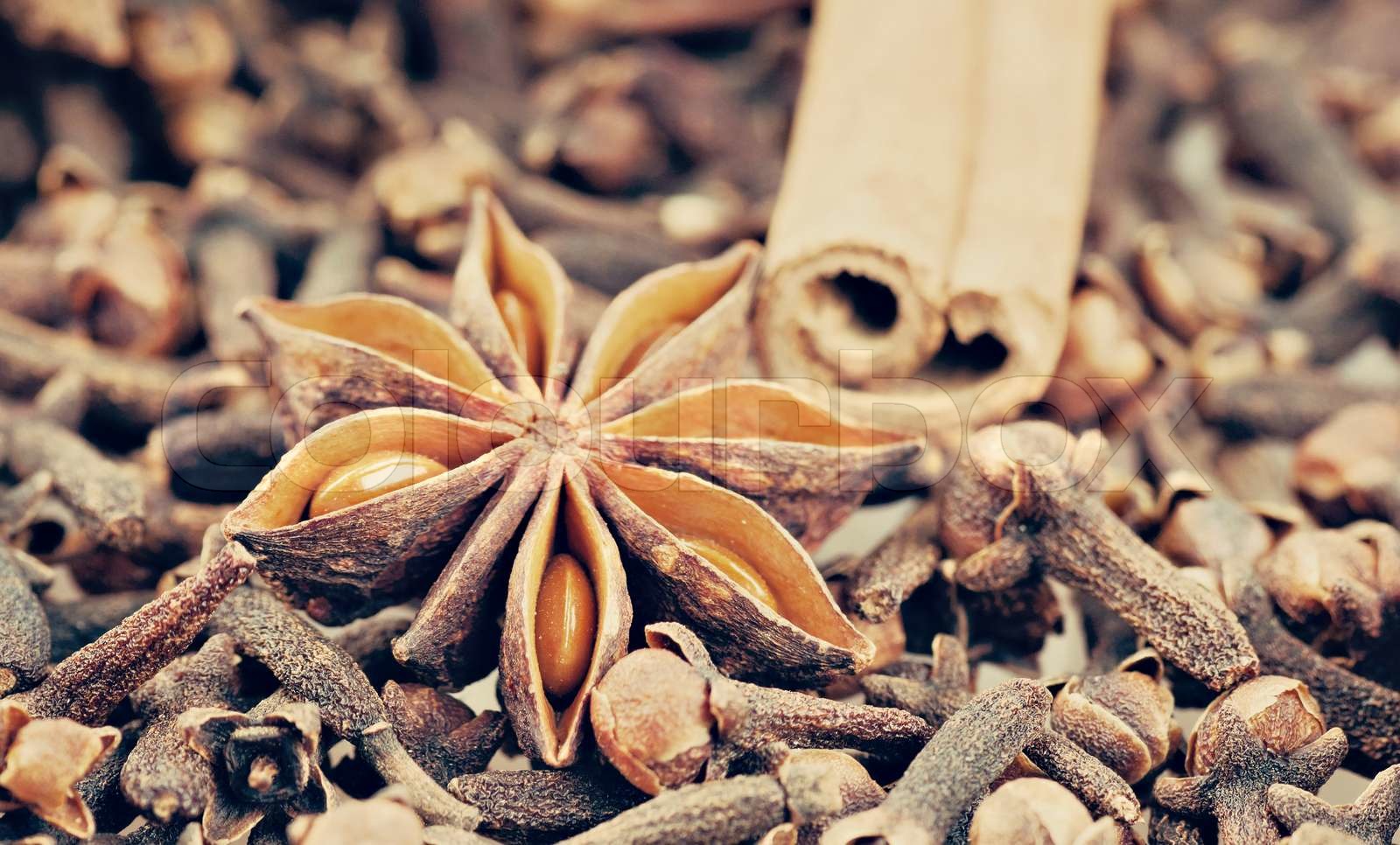 The spices - star anise, cinnamon, cloves - retro | Stock image | Colourbox