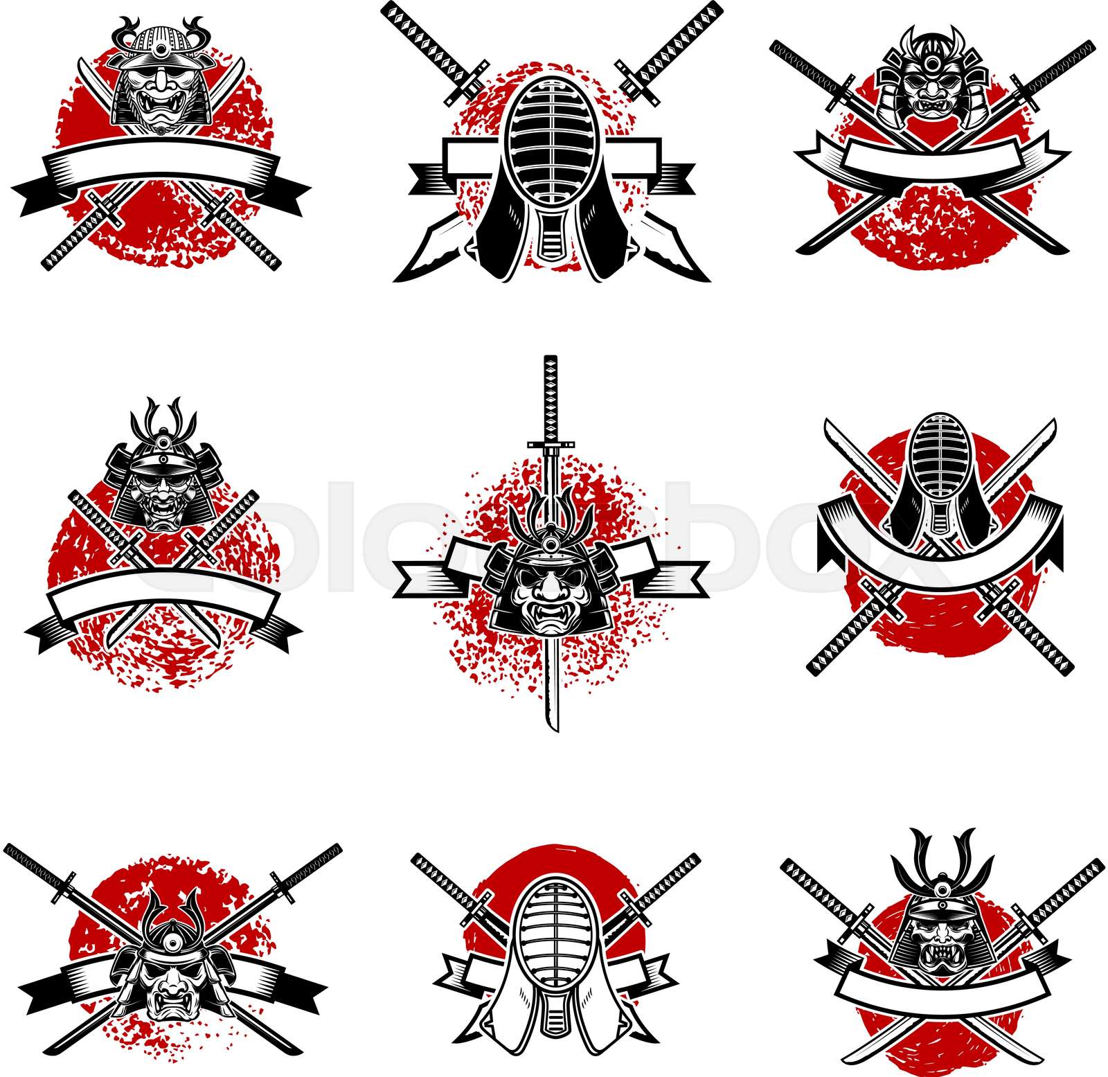 Set of emblems with japanese swords, samurai masks. Japan sword fencing ...