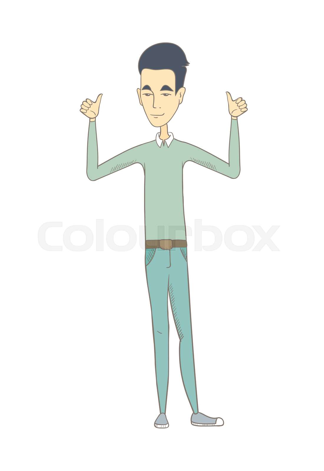 Young asian man standing with raised arms up. | Stock vector | Colourbox