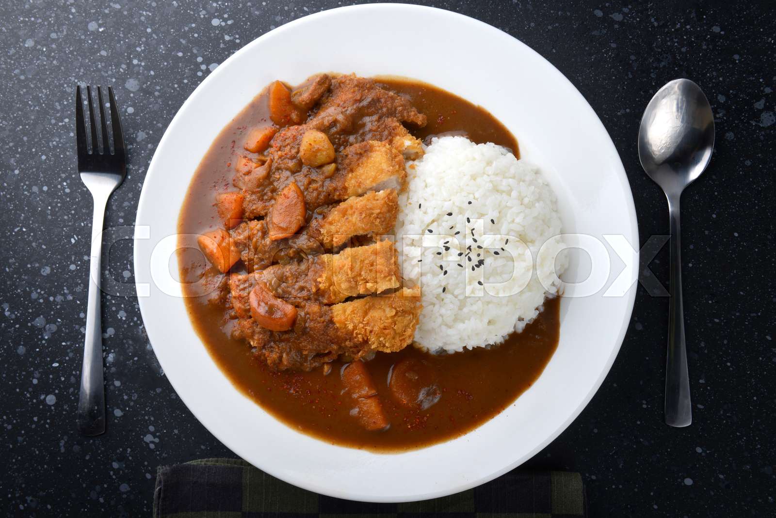 Rice with deep fried pork and curry . | Stock image | Colourbox