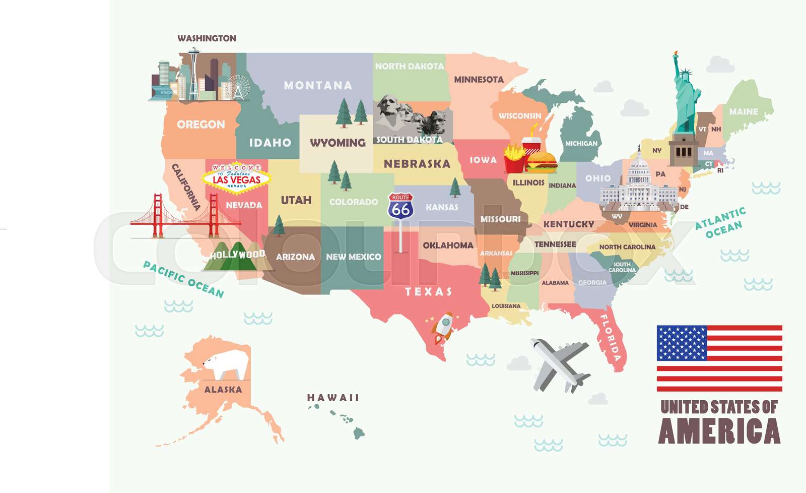 Map of the United States of America with Famous attractions | Stock ...