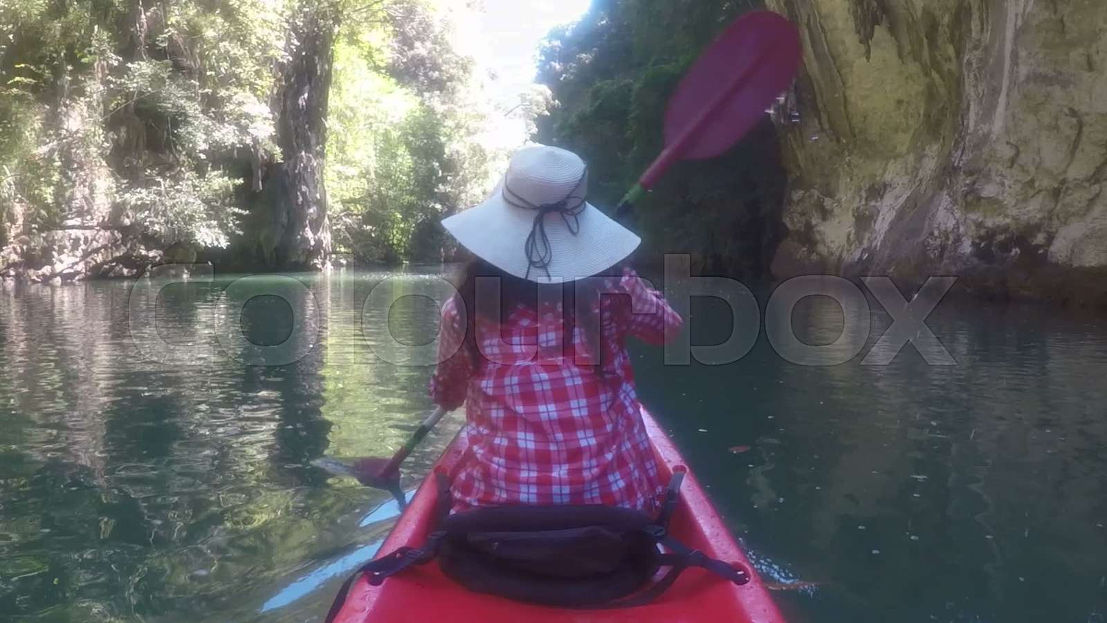 Woman Kayaking In Beautiful Lagoon Action Camera Back Rear Point Of ...