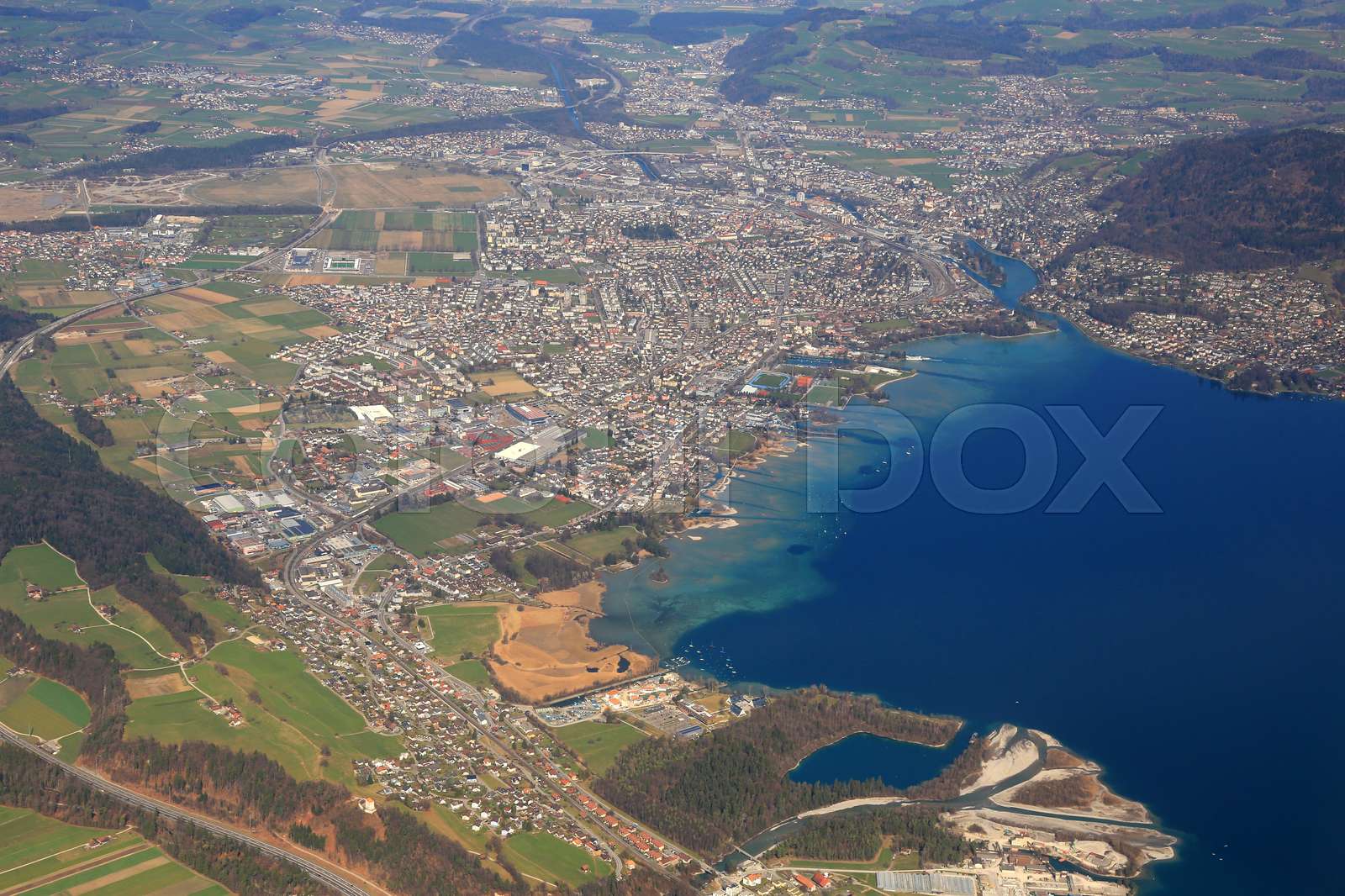 Thun Thunersee Thuner See lake panorama overview Switzerland town City ...