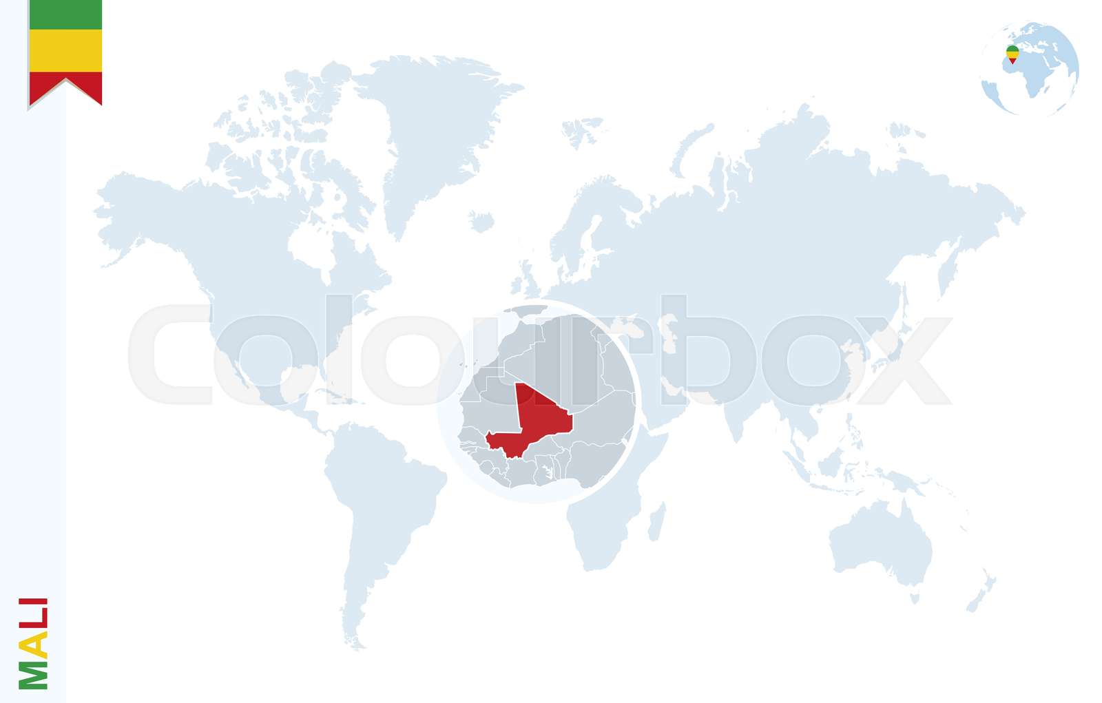 Blue world map with magnifying on Mali. | Stock vector | Colourbox