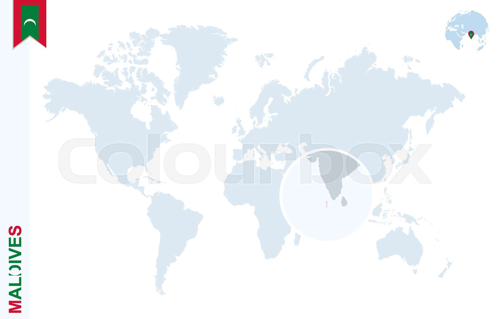 Blue world map with magnifying on Maldives. | Stock vector | Colourbox