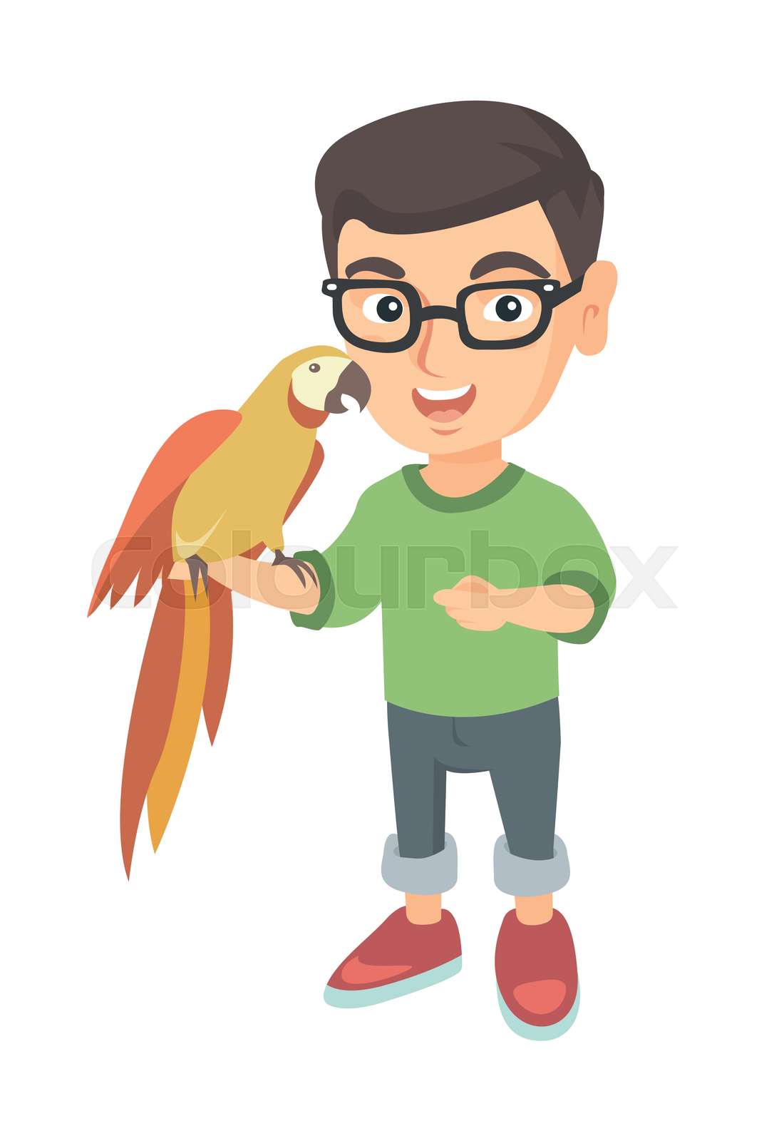 Caucasian little boy holding parrot on his hand. | Stock vector | Colourbox