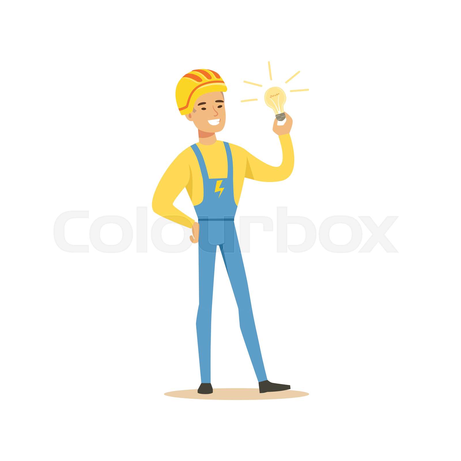 Professional electrician man character standing with light bulb ...