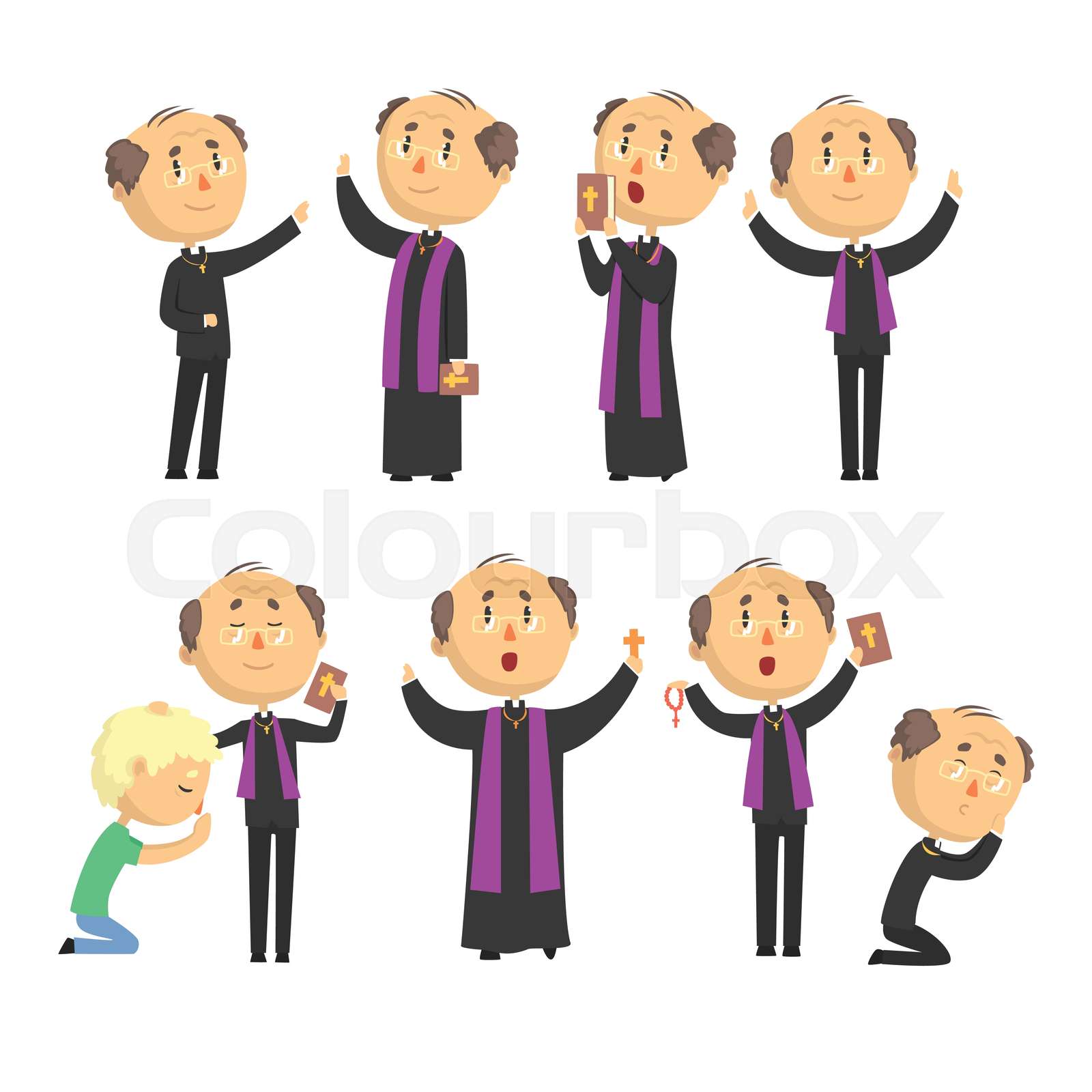 Cartoon catholic priest reading prayer, blessing parishioners, holding ...