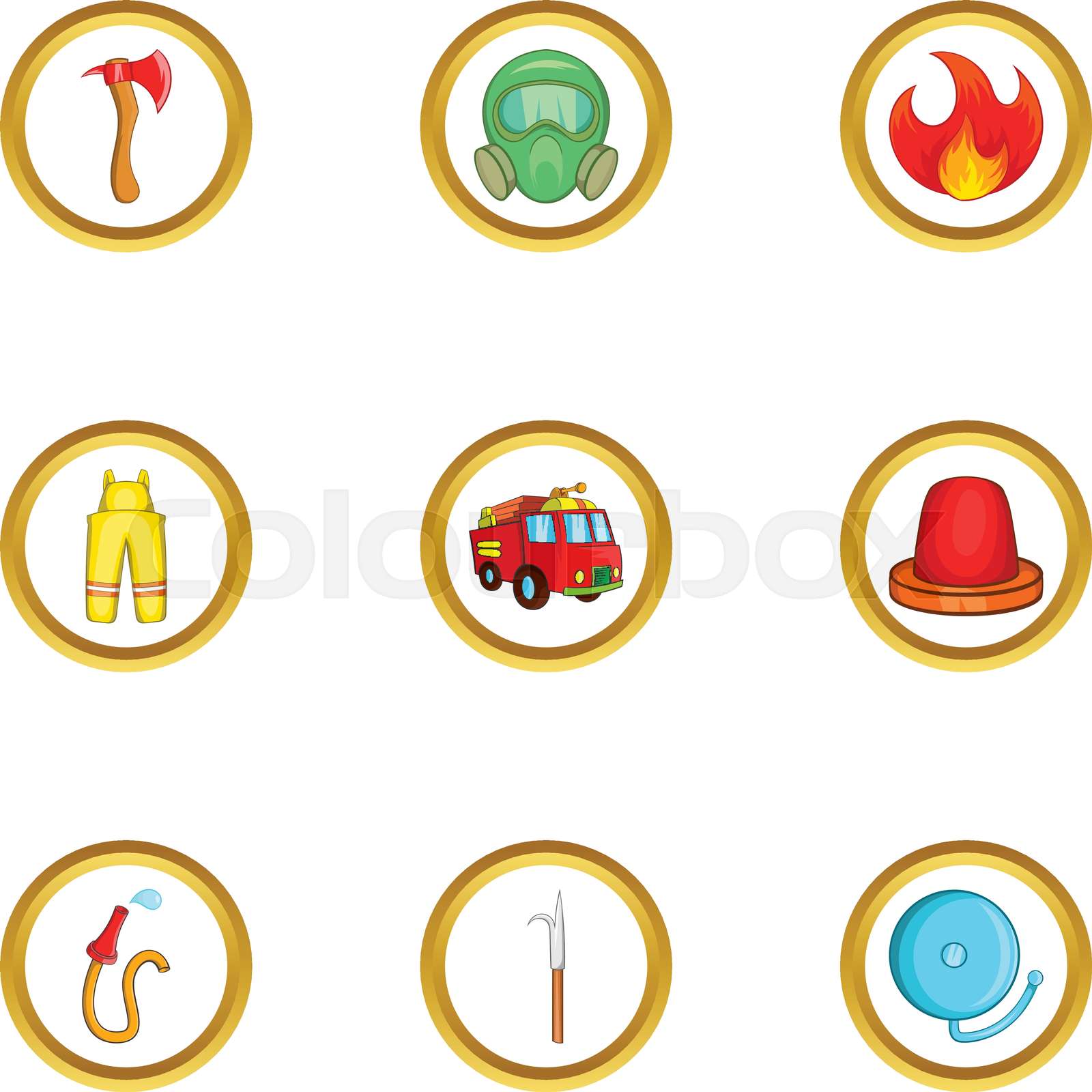 Fireman icon set, cartoon style | Stock vector | Colourbox