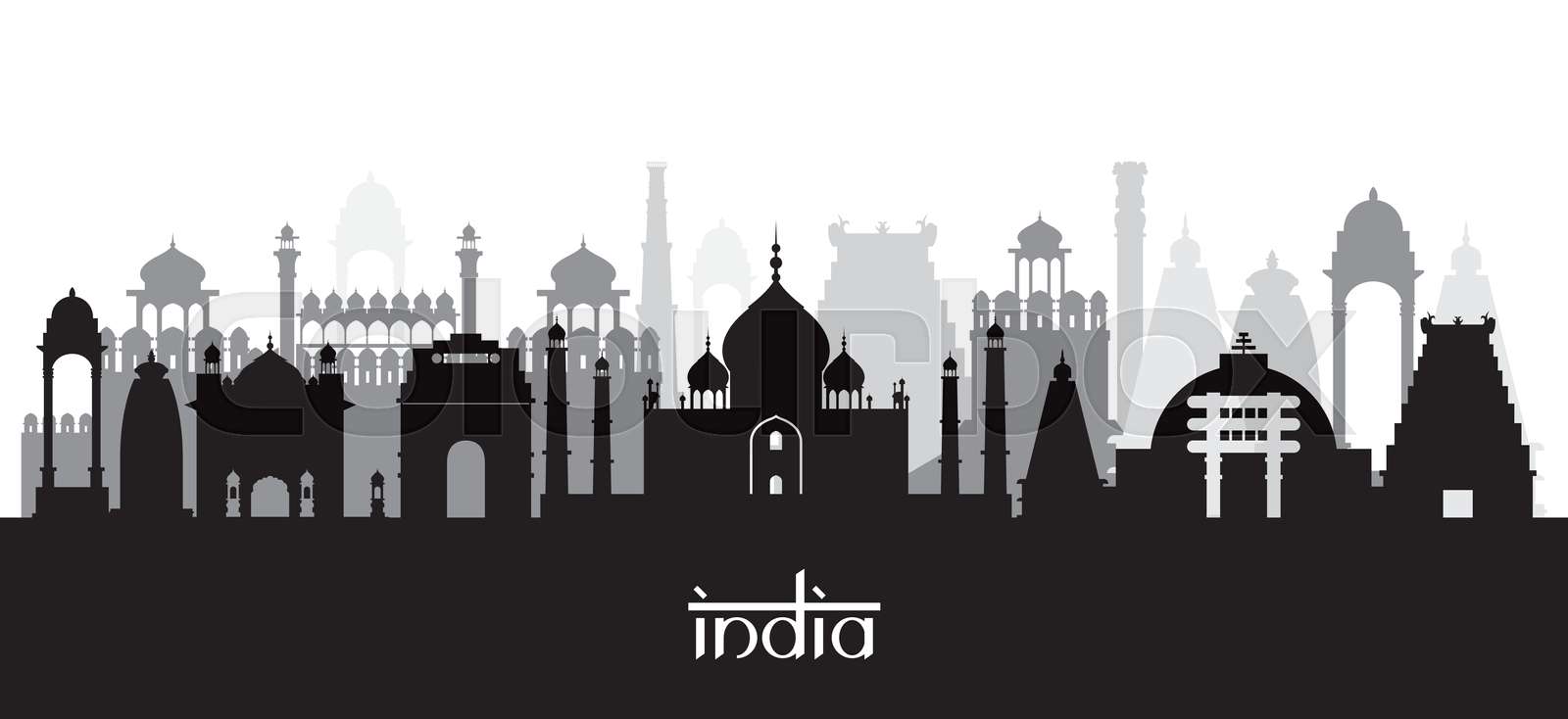 India Landmarks Skyline in Black and White Silhouette | Stock vector ...