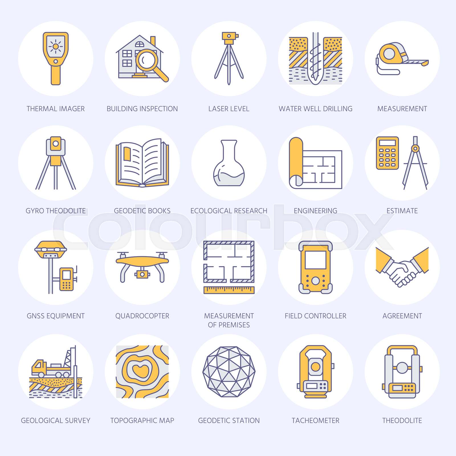 Geodetic survey engineering vector flat line icons. Geodesy equipment ...