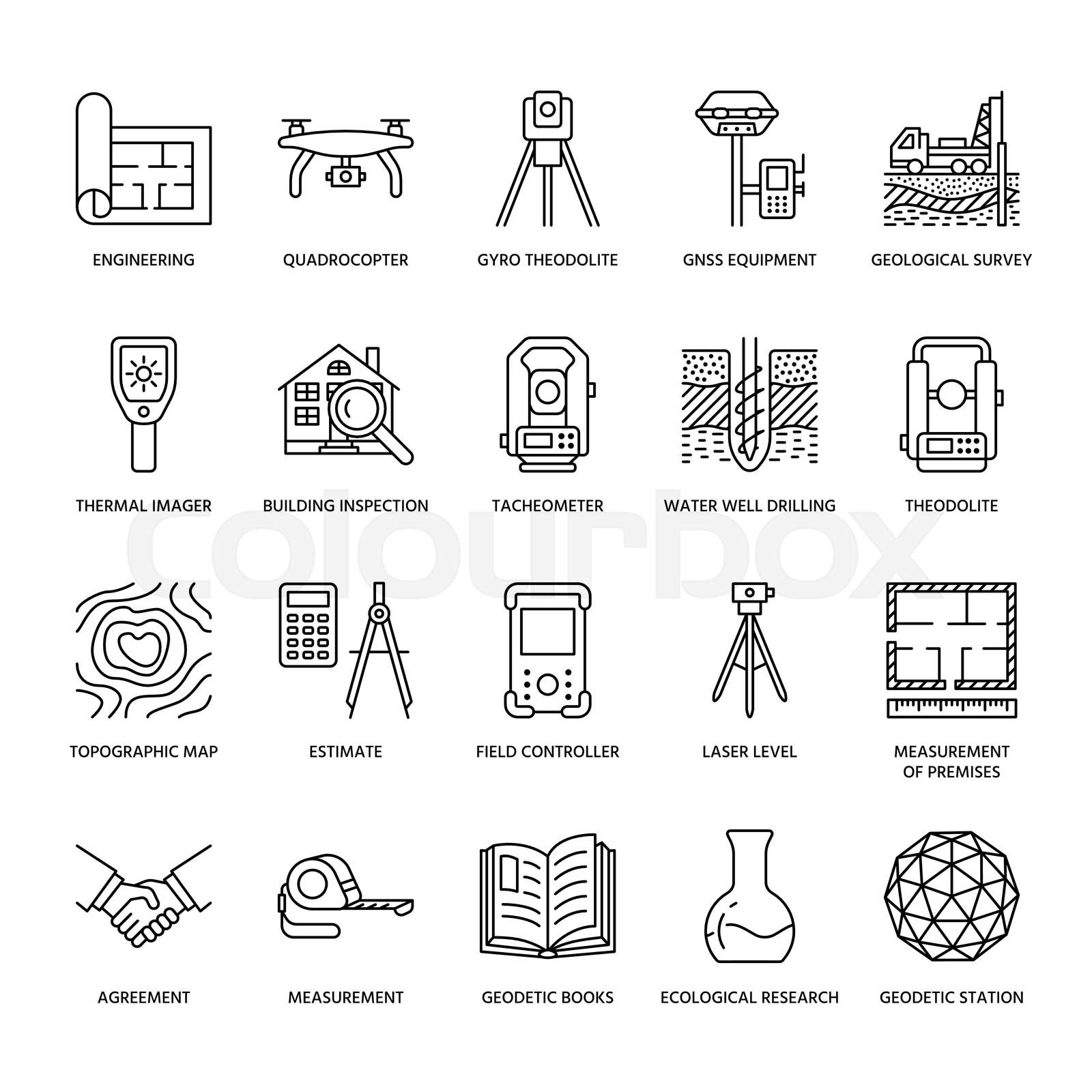 Geodetic survey engineering vector flat line icons. Geodesy equipment ...