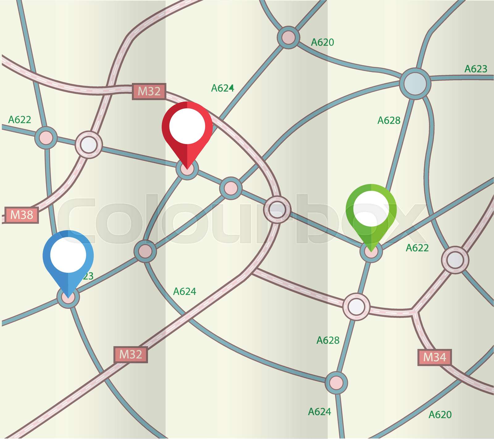 Folded abstract road map with markers | Stock vector | Colourbox