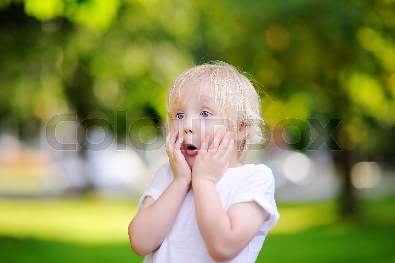 Outdoors portrait of cute suprised little boy | Stock image | Colourbox