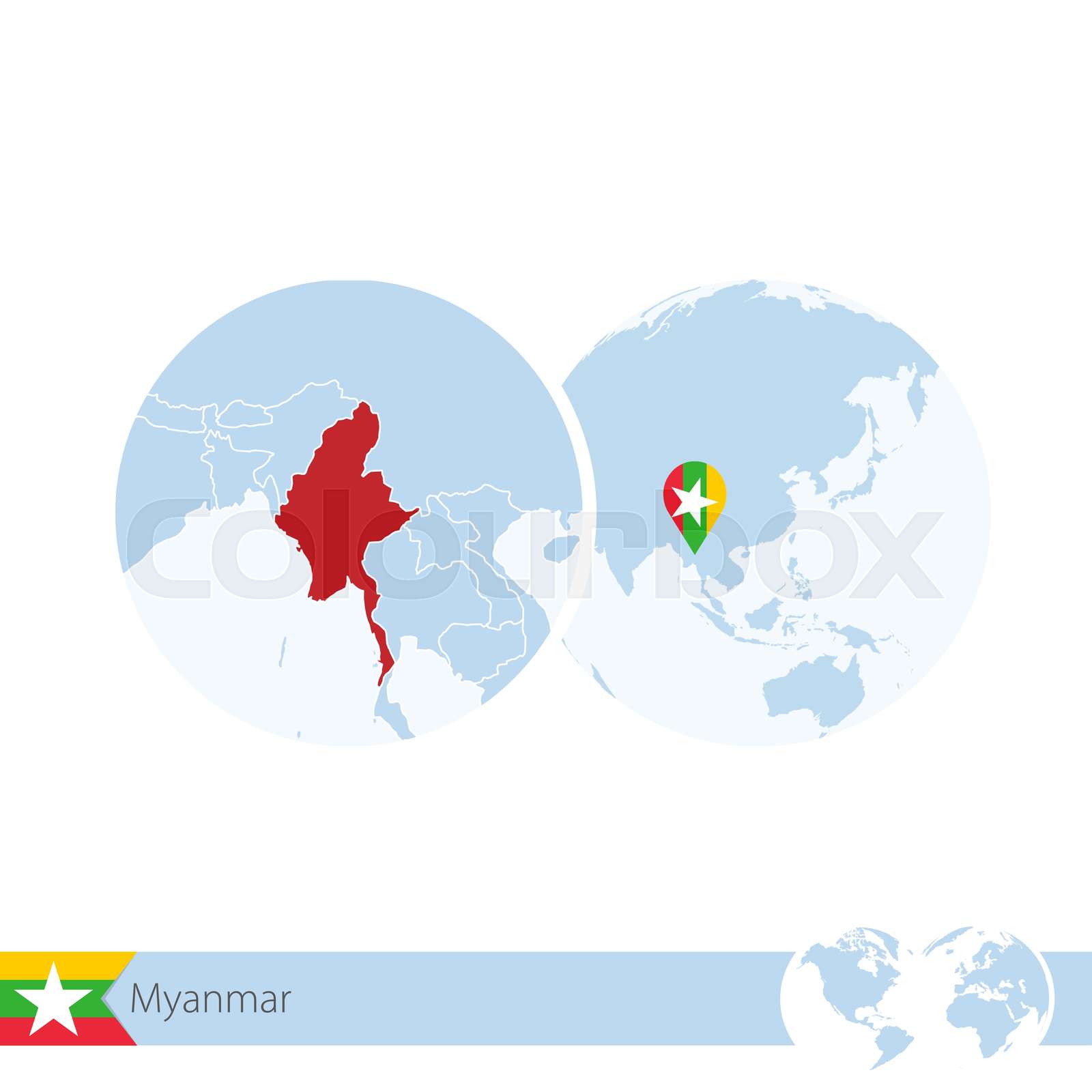 Myanmar on world globe with flag and regional map of Myanmar. | Stock ...