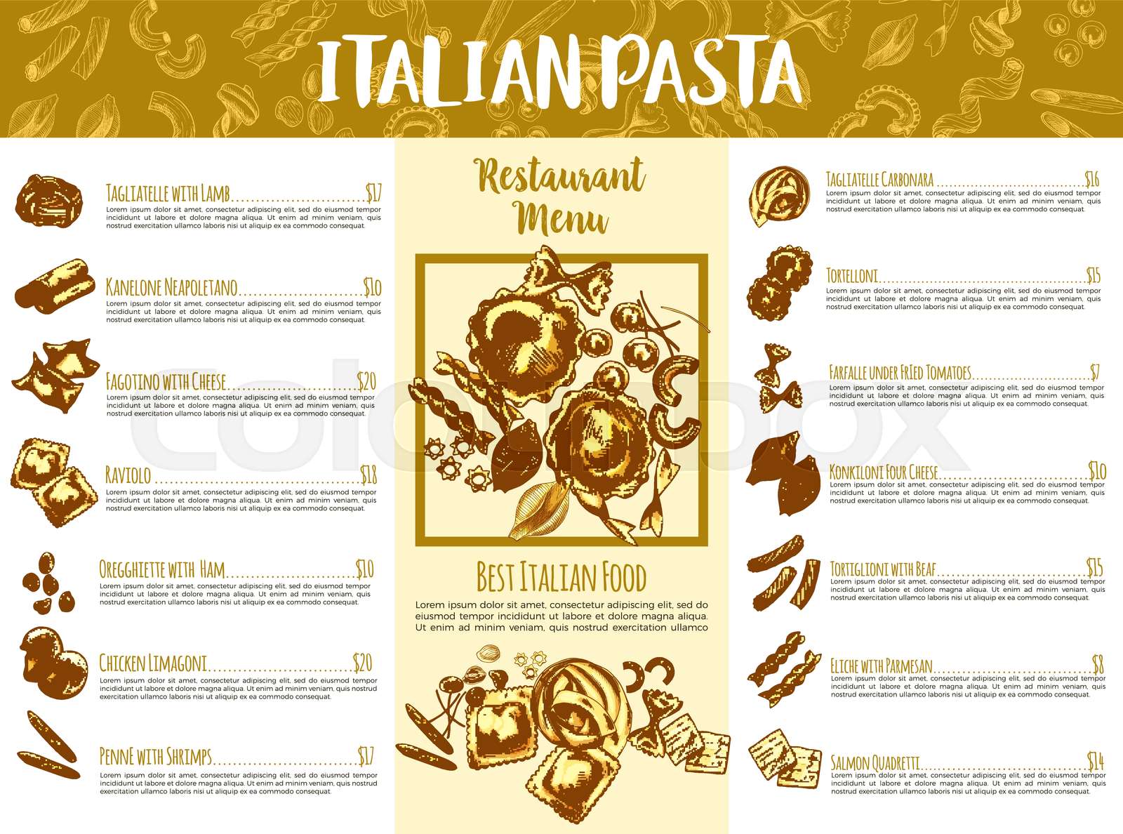 Italian pasta menu template for restaurant design | Stock vector ...