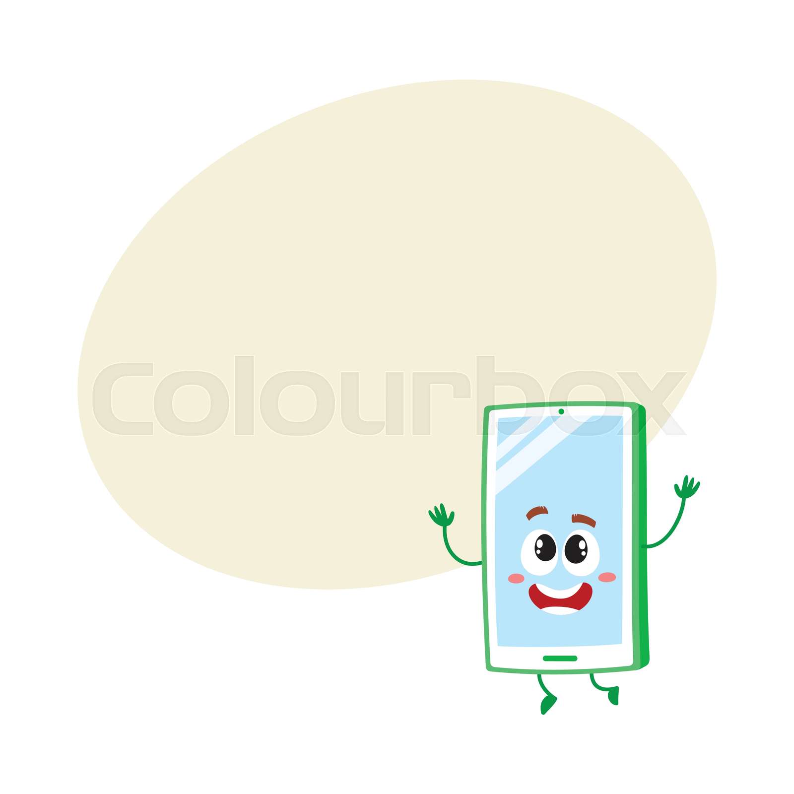 Funny cartoon mobile phone, smartphone character raising hands in awe ...