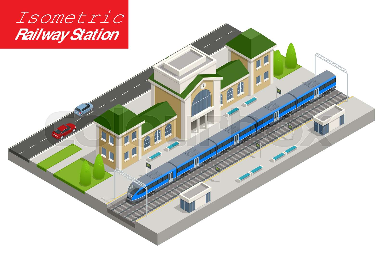 isometric Train Station building with passenger trains, platform ...