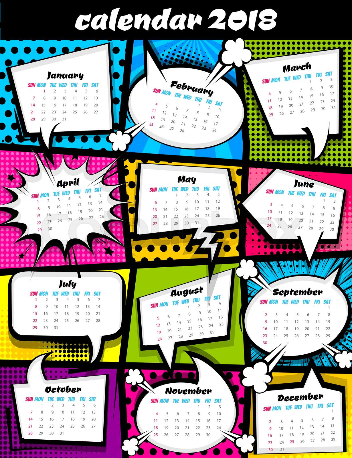 2018 calendar pop art template | Stock vector | Colourbox