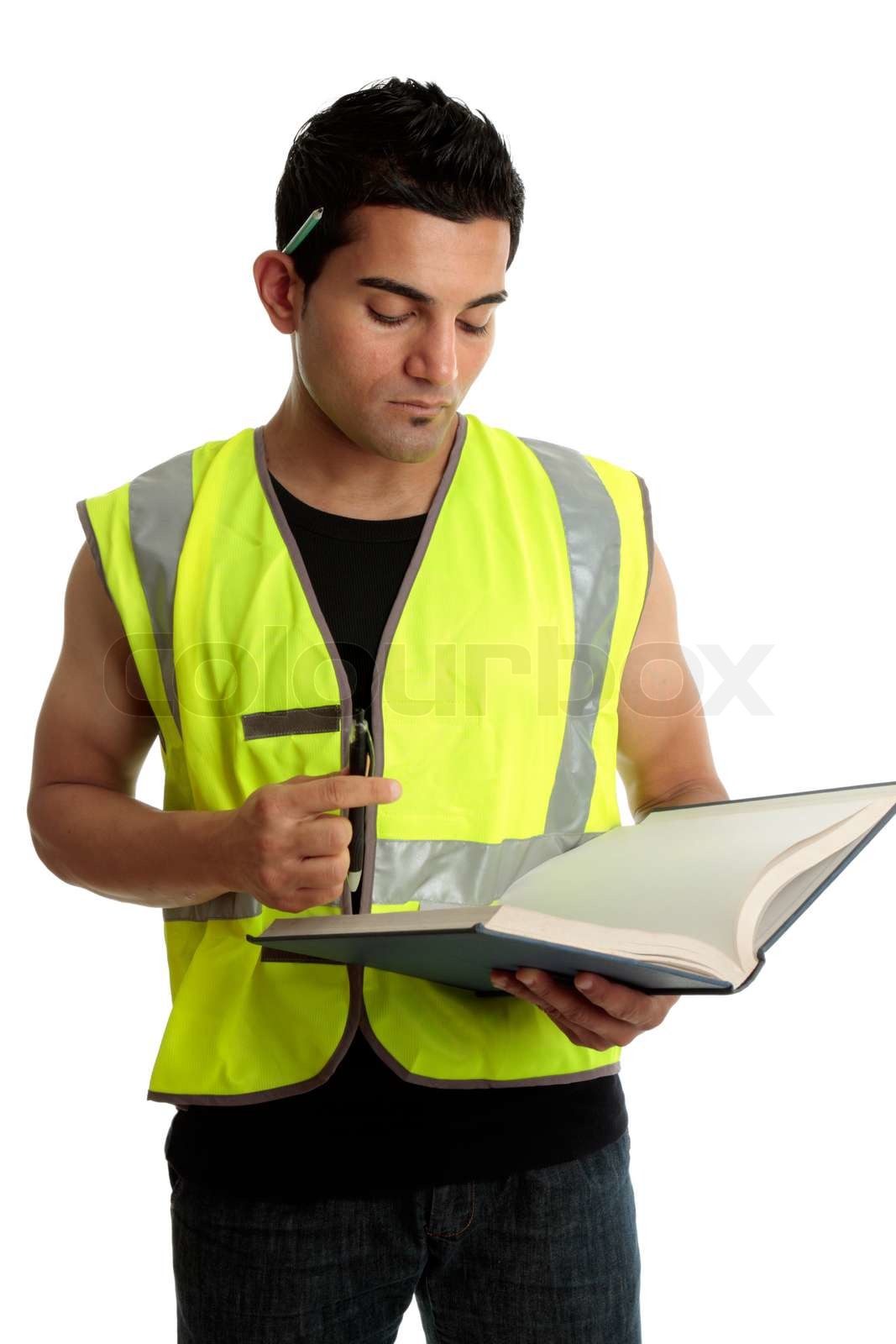 Construction worker with a book or a construction student apprentice ...