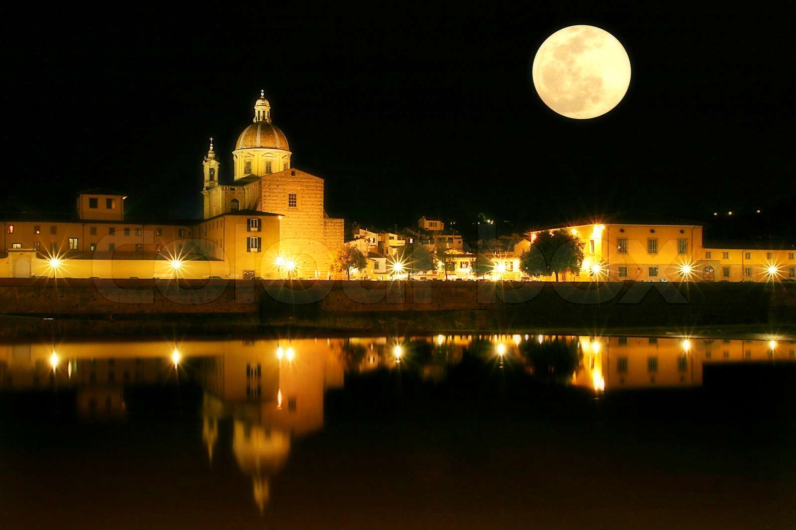 Florence at night time with fool Moon in the sky | Stock image | Colourbox