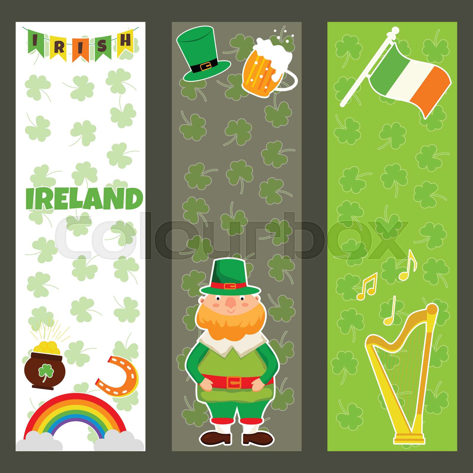 Irish banners with traditional symbols, characters and elements ...