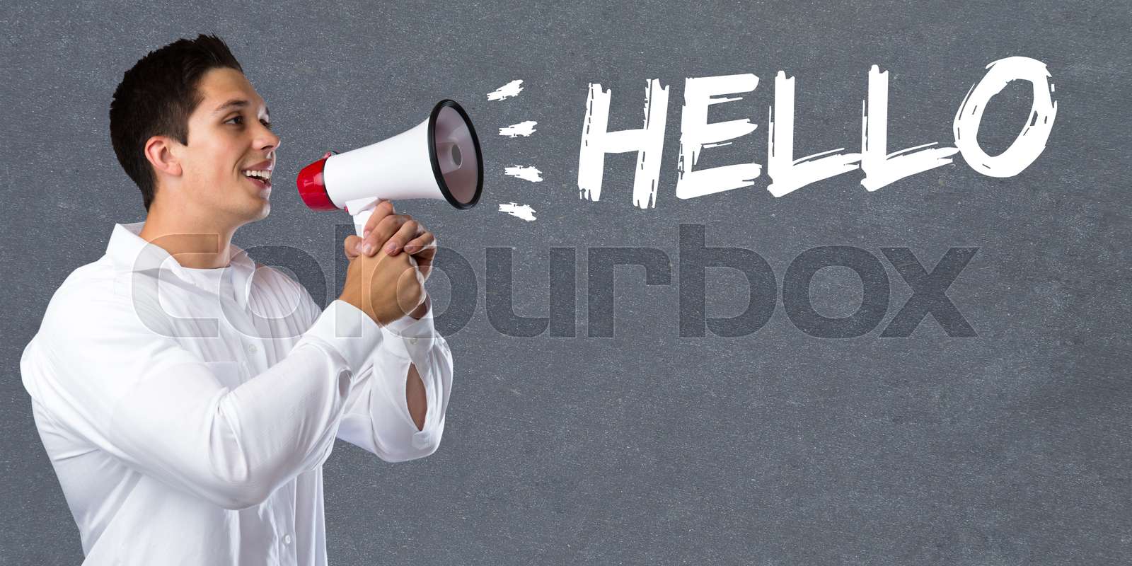 Hello greeting welcome message young man megaphone | Stock image ...