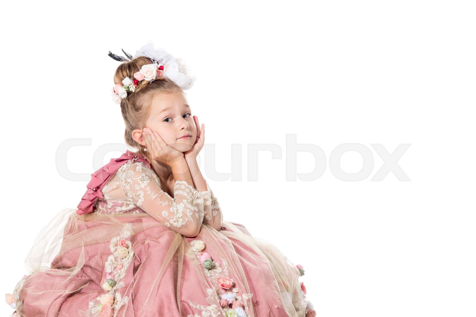 Little princess waiting for her prince on the white horse. Isolated ...