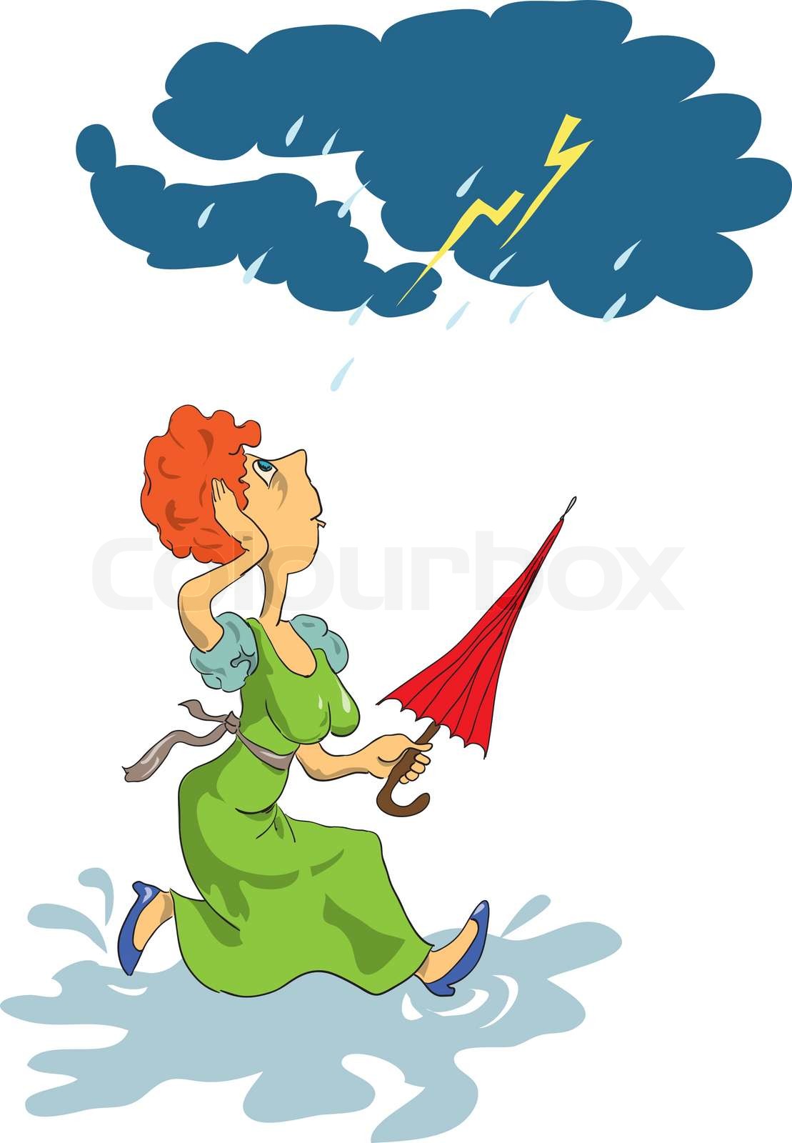 A woman runs through the puddles with an umbrella in hand, storm ...