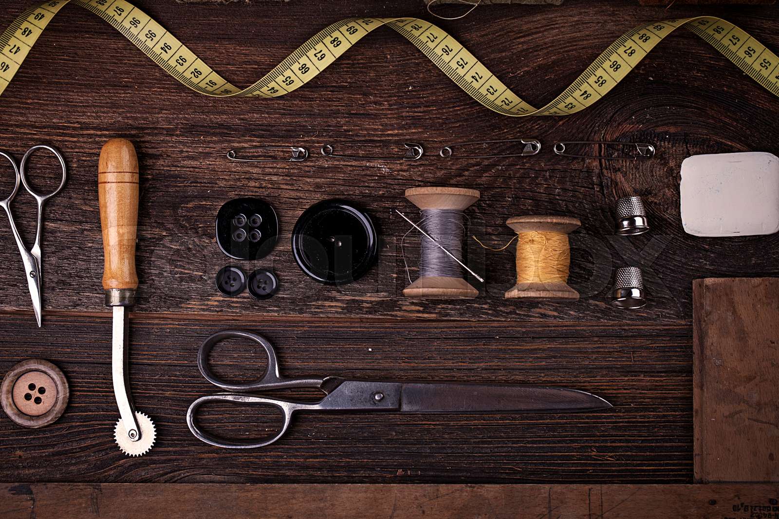 Sewing instruments, threads, needles in vintaae style | Stock image ...