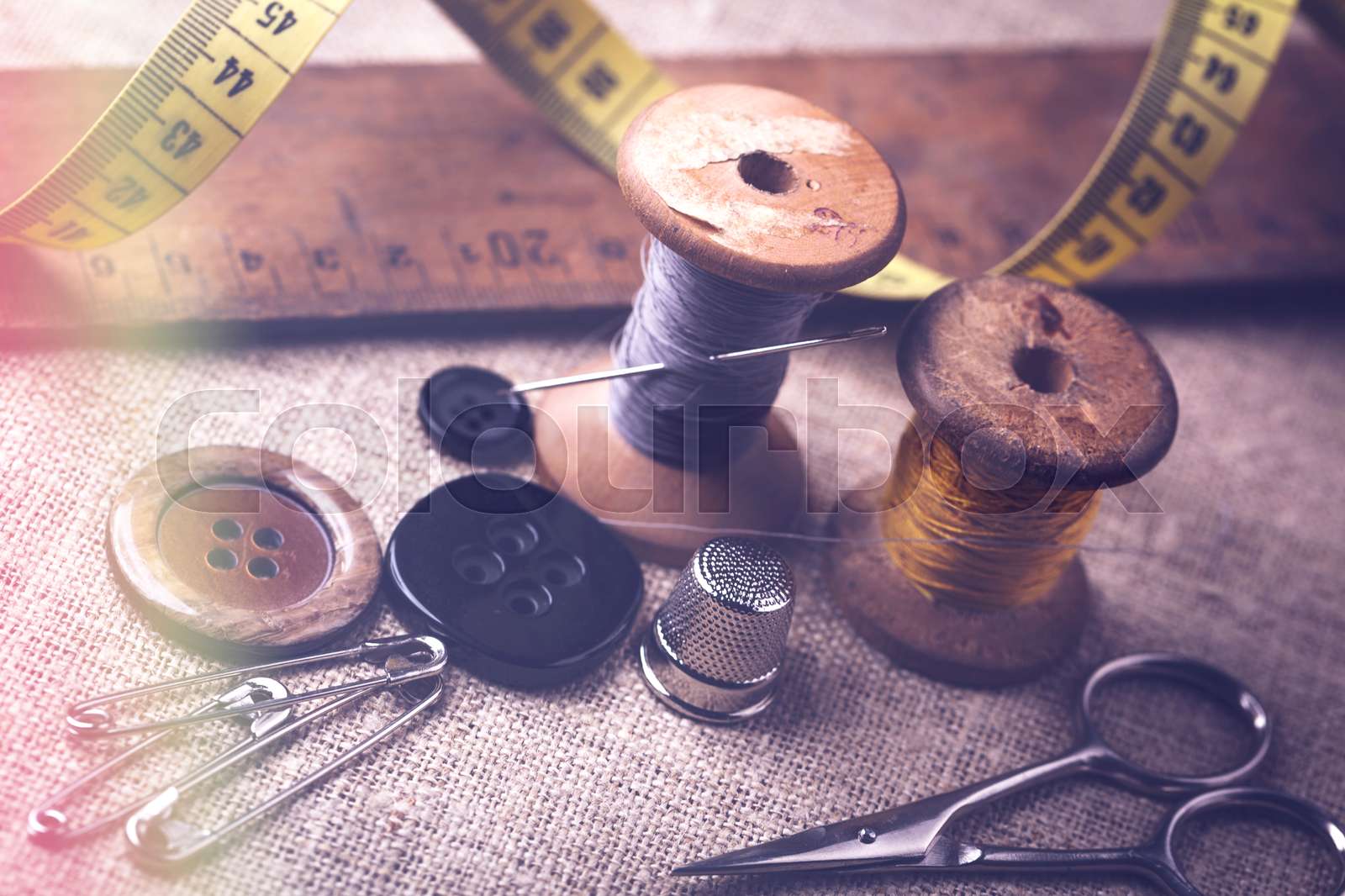 Sewing instruments, threads, needles, bobbins and materials. | Stock ...