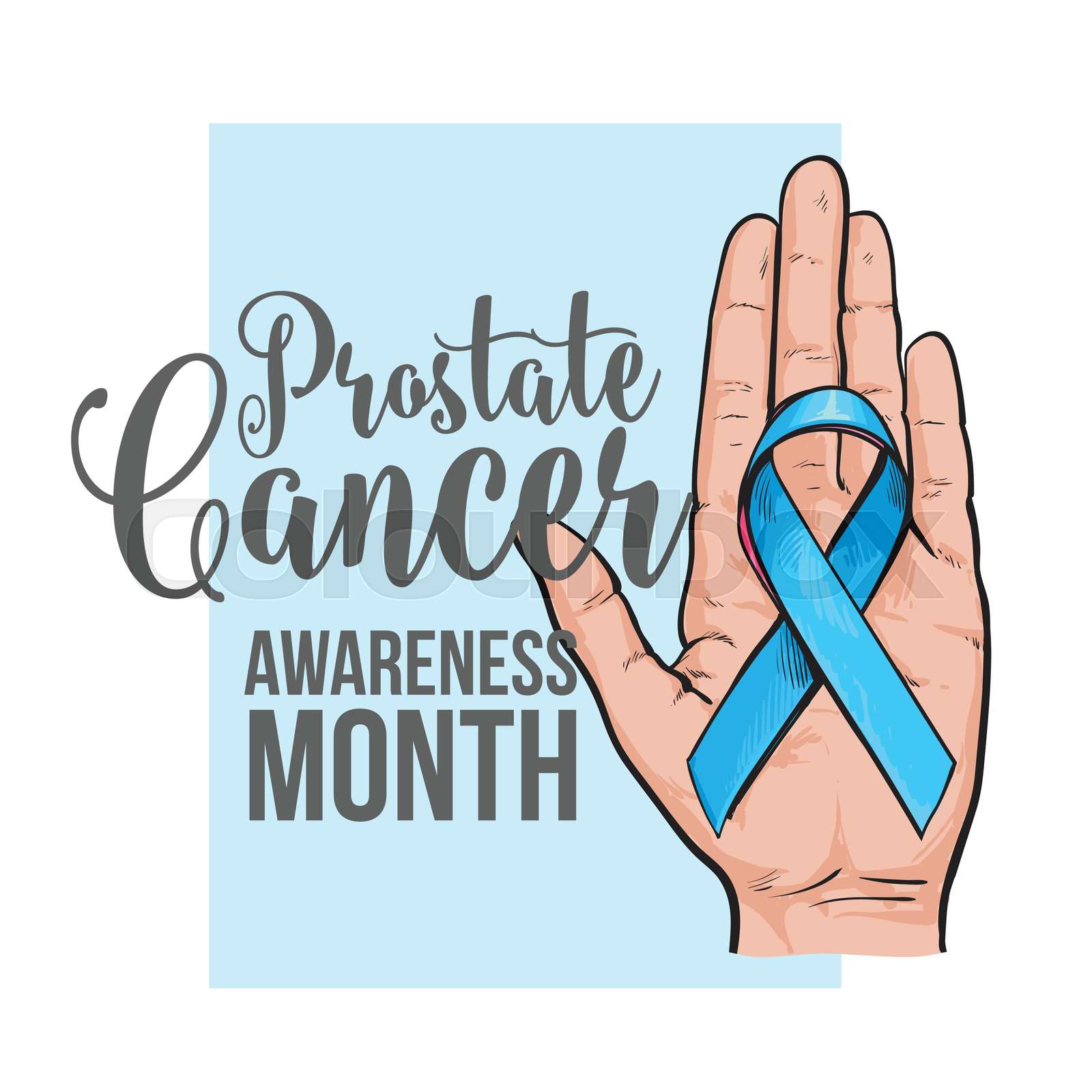 Prostate cancer awareness month banner poster, blue ribbon in palm ...