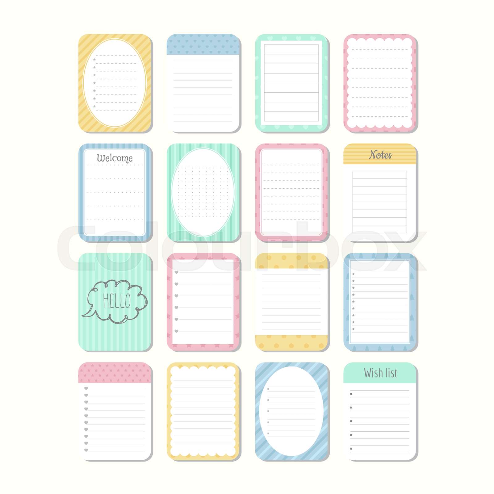 Sheets of paper. Template notepad. Collection of various note papers ...