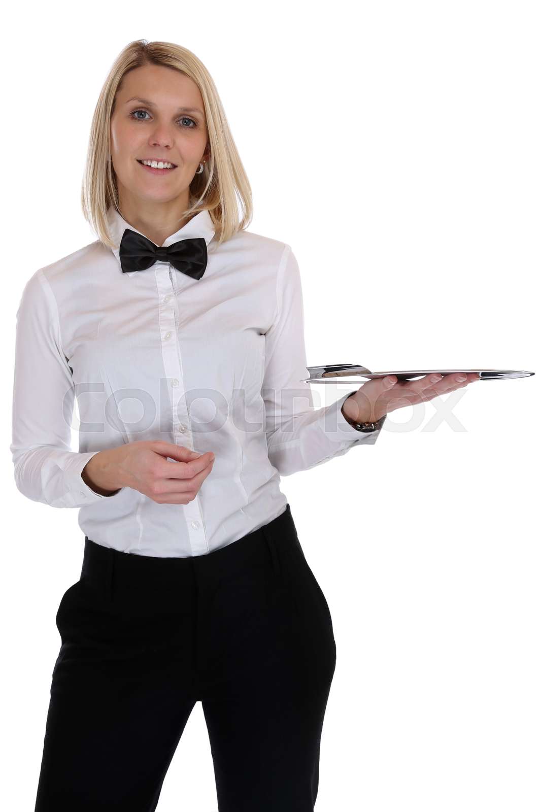 Waitress waiter female blond young woman serving with tray restaurant ...