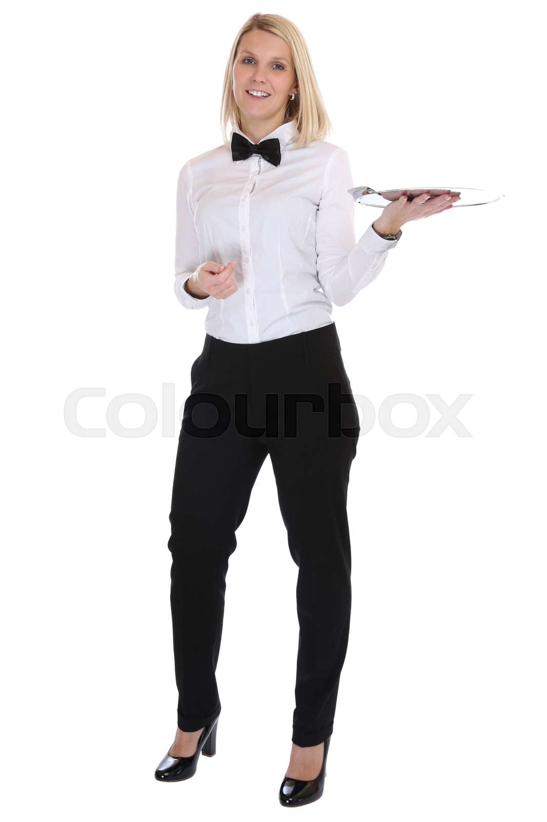 Waitress waiter female blond young woman serving with tray restaurant ...