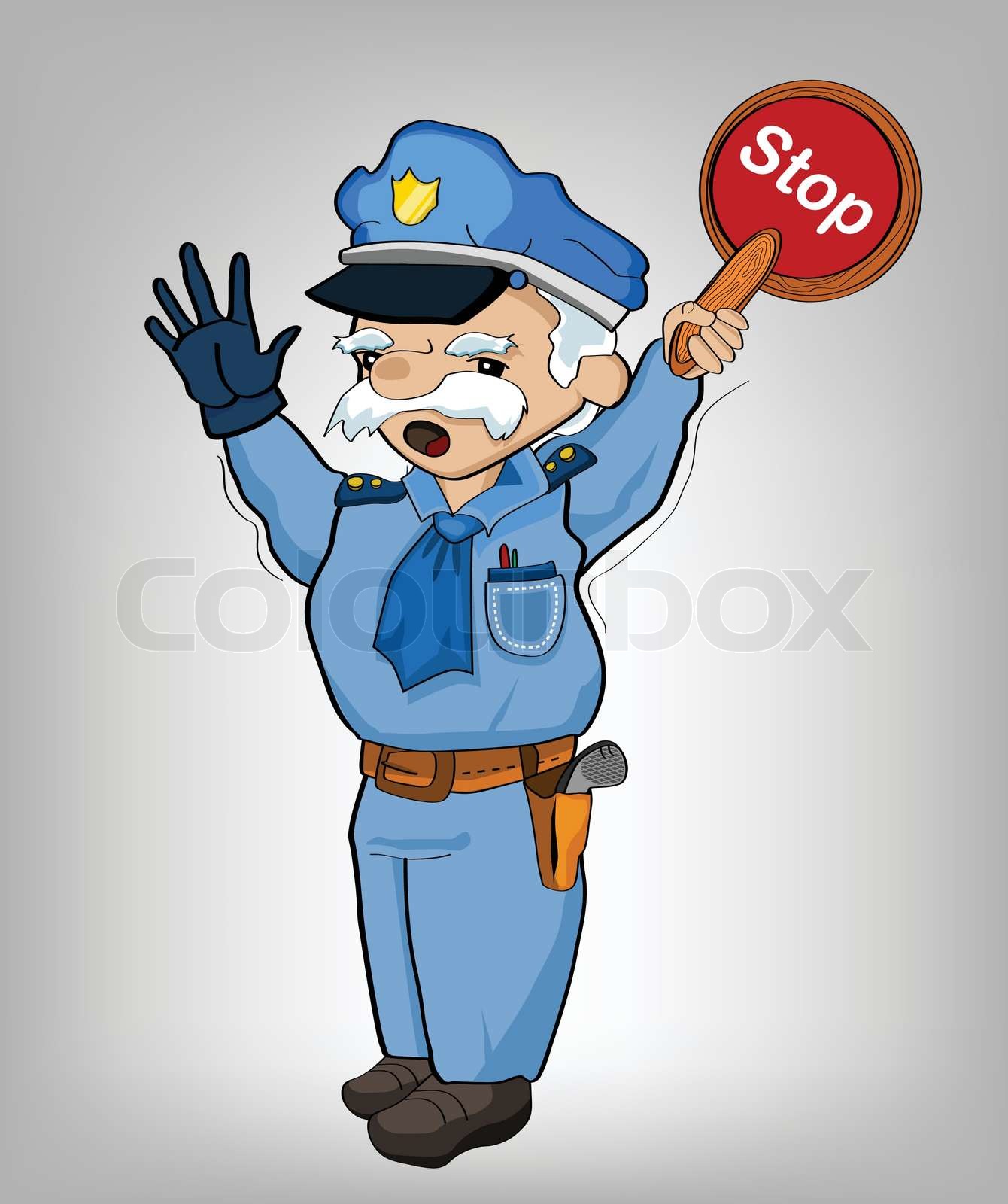 Funny illustration med tegneserie politi mand i besiddelse af et ...