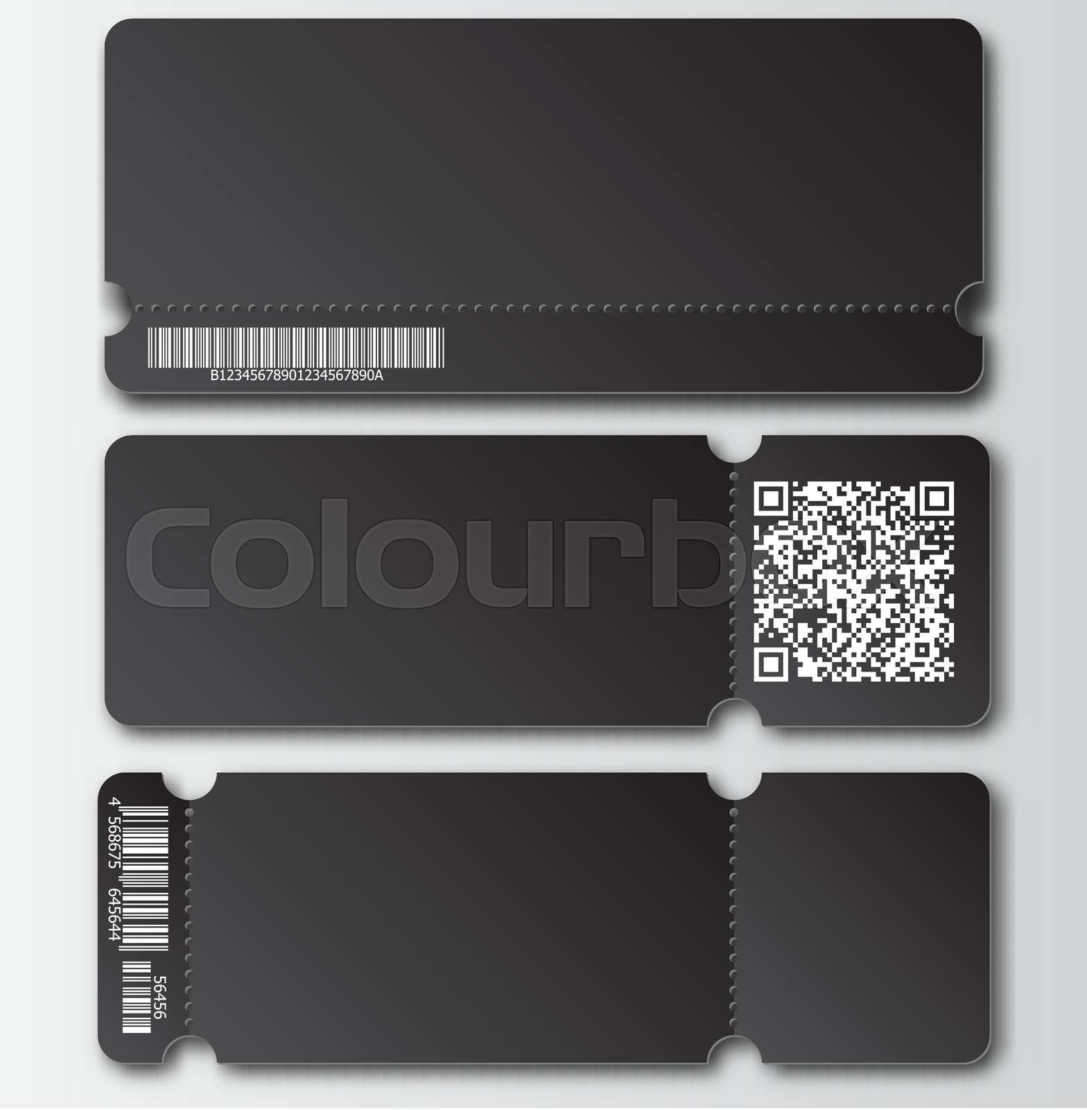 Black ticket template with tear-off element, barcode and QR code ...