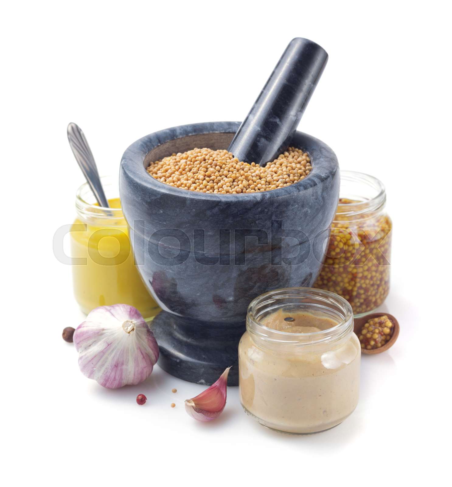mustard sauce collection on white | Stock image | Colourbox