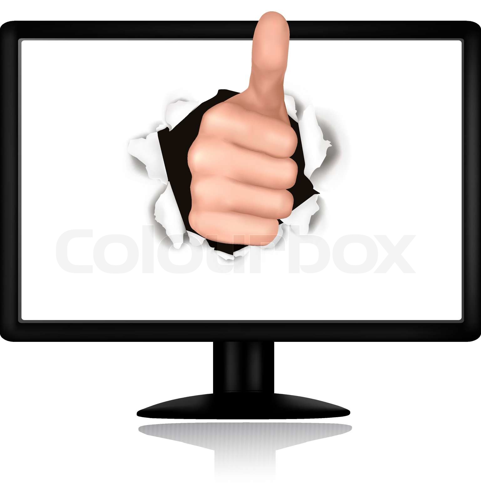 Hand with thumb up breaking through monitor. Conceptual illustration of ...