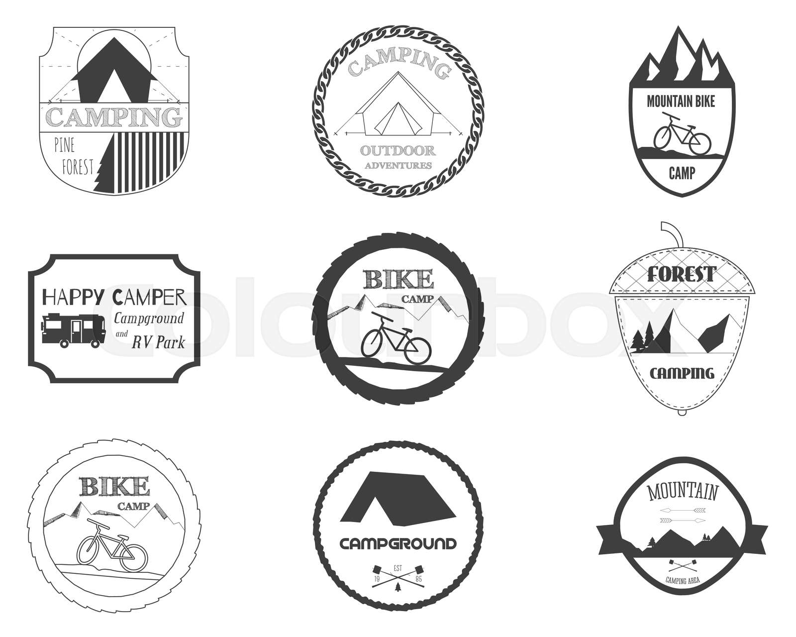 Set of retro badges and label logo graphics. Camping badges and travel ...