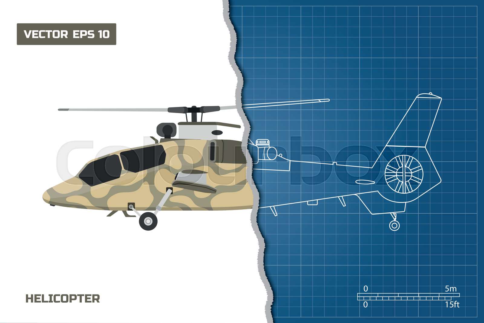 Engineering blueprint of military helicopter. Helicopters view: top ...