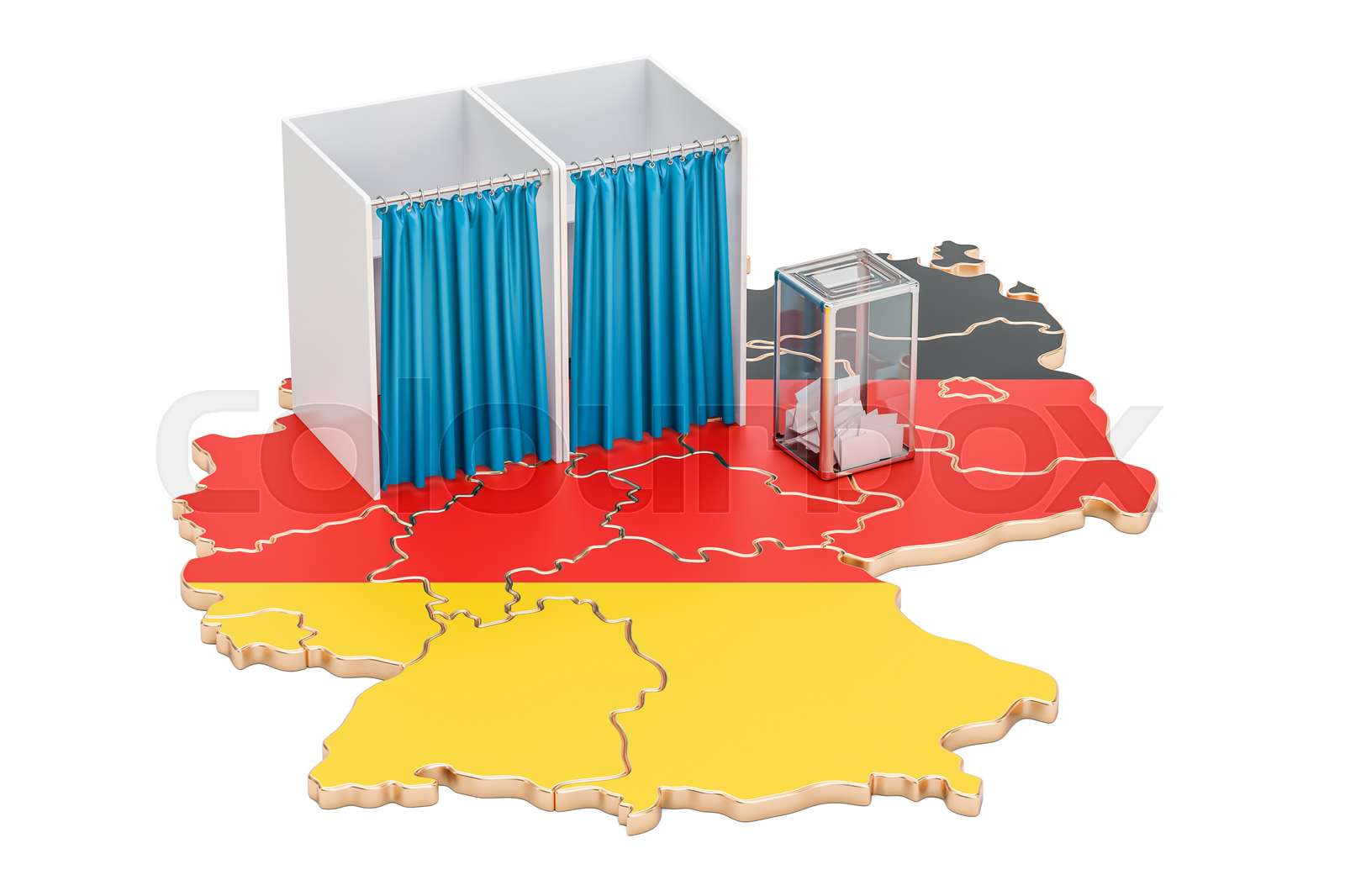 German election concept, ballot box with voting booths on map of ...