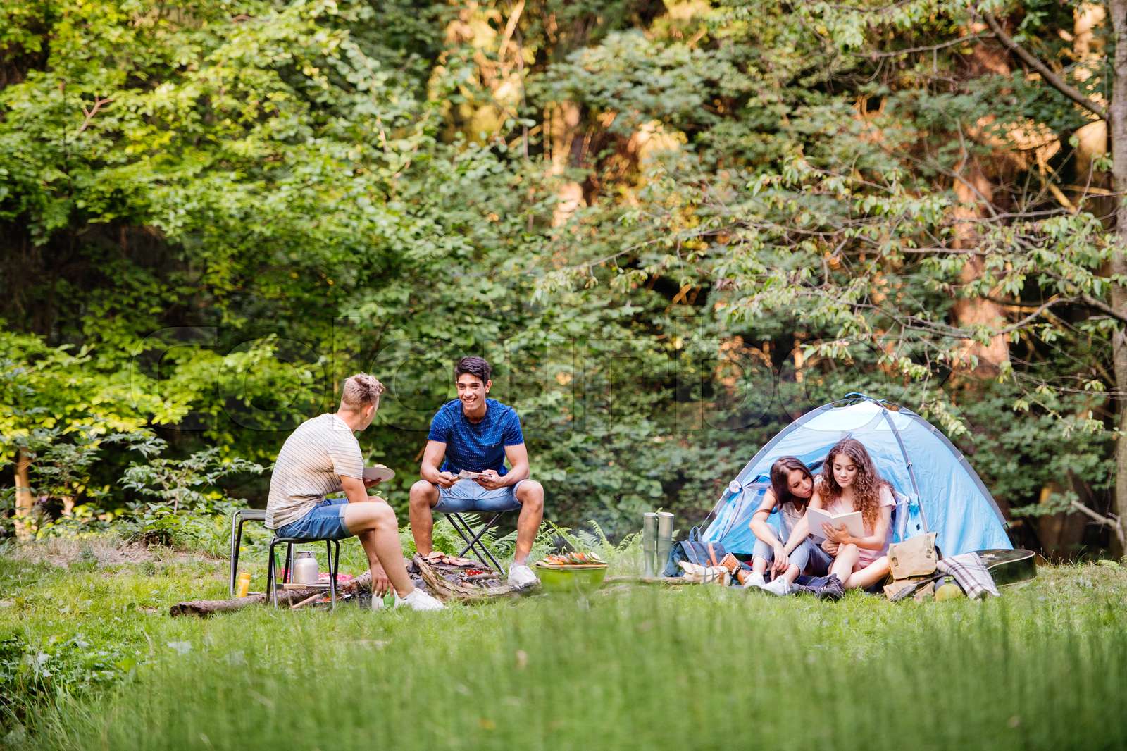 Teenagers camping in forest. Summer adventure. | Stock image | Colourbox