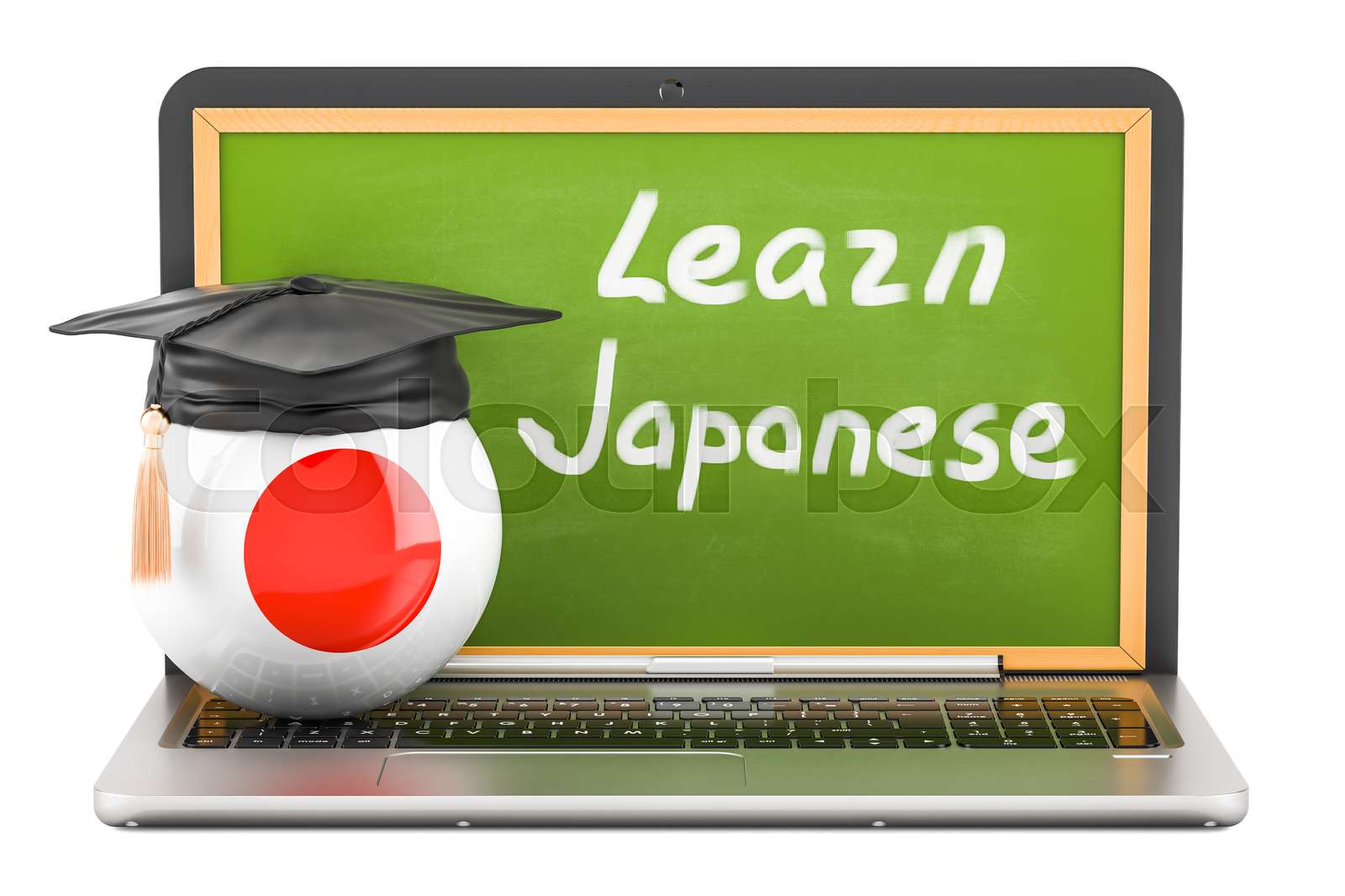 Learn Japanese concept with laptop blackboard, graduation cap and flag ...