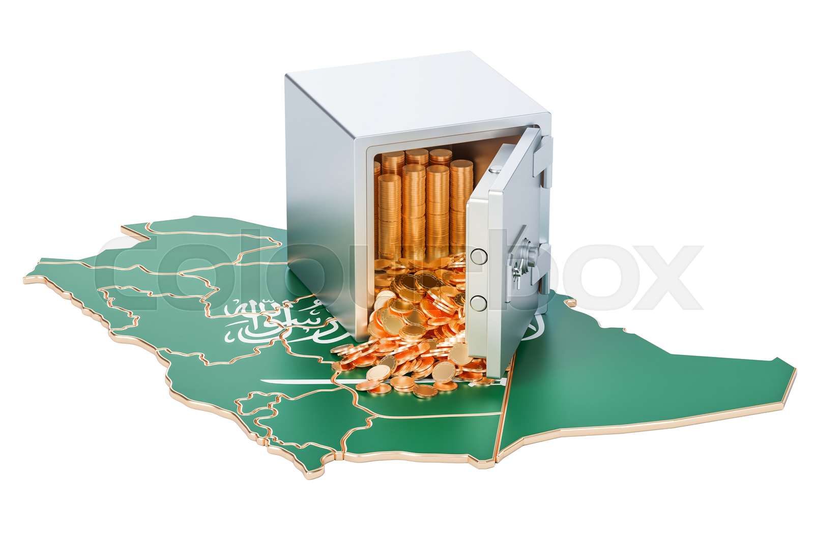 Safe box with golden coins on the map of Saudi Arabia, 3D rendering ...