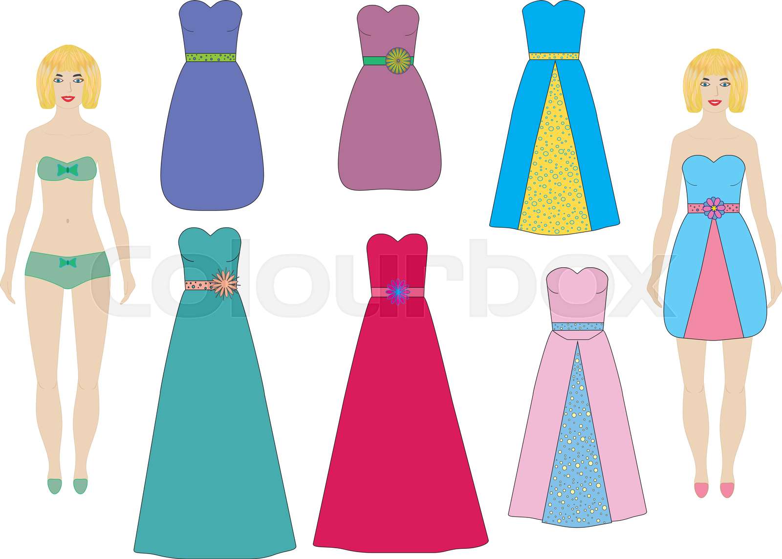 Evening and cocktail dresses for paper dolls (girl, woman) set, vector ...