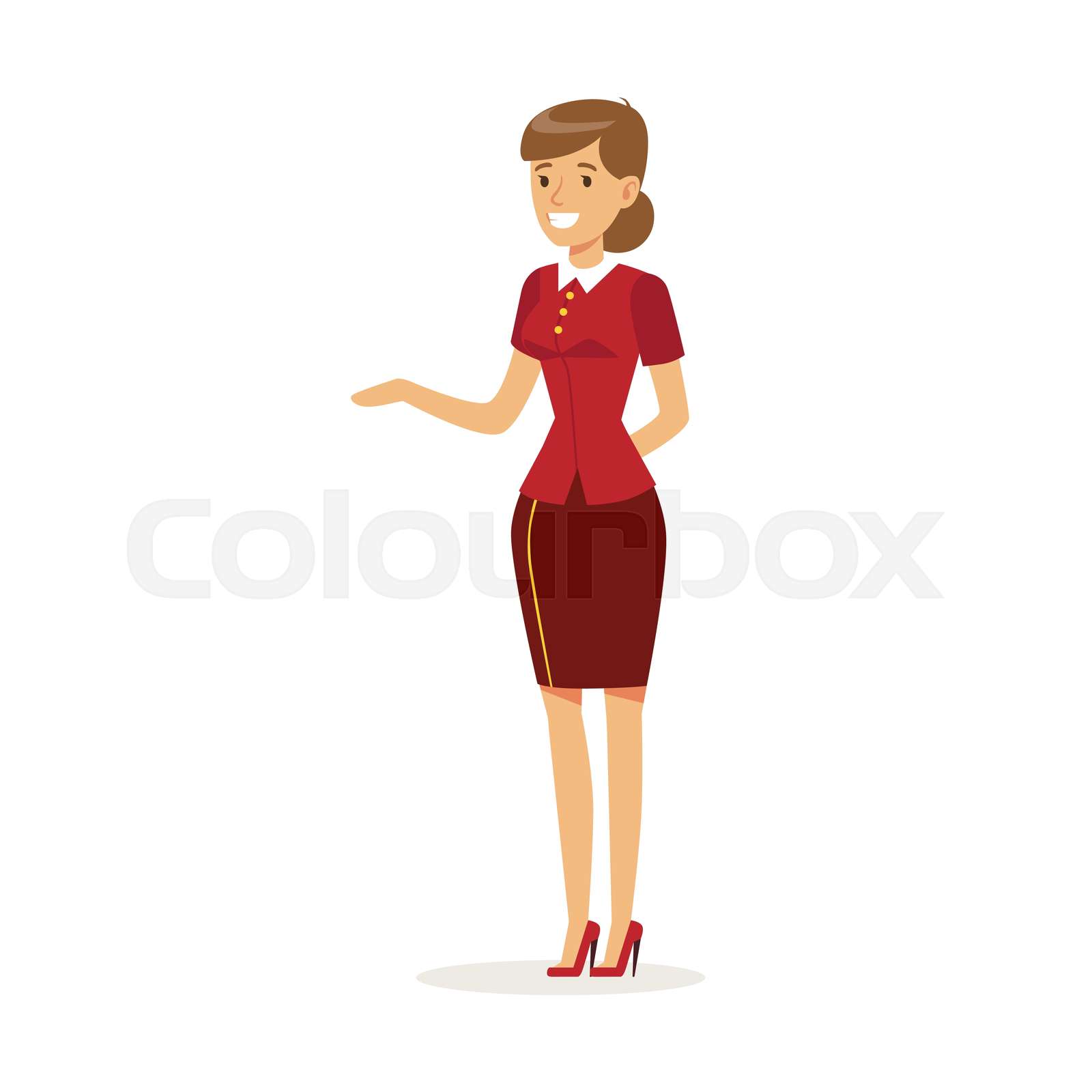 Smiling female hotel manager character wearing red uniform meeting ...
