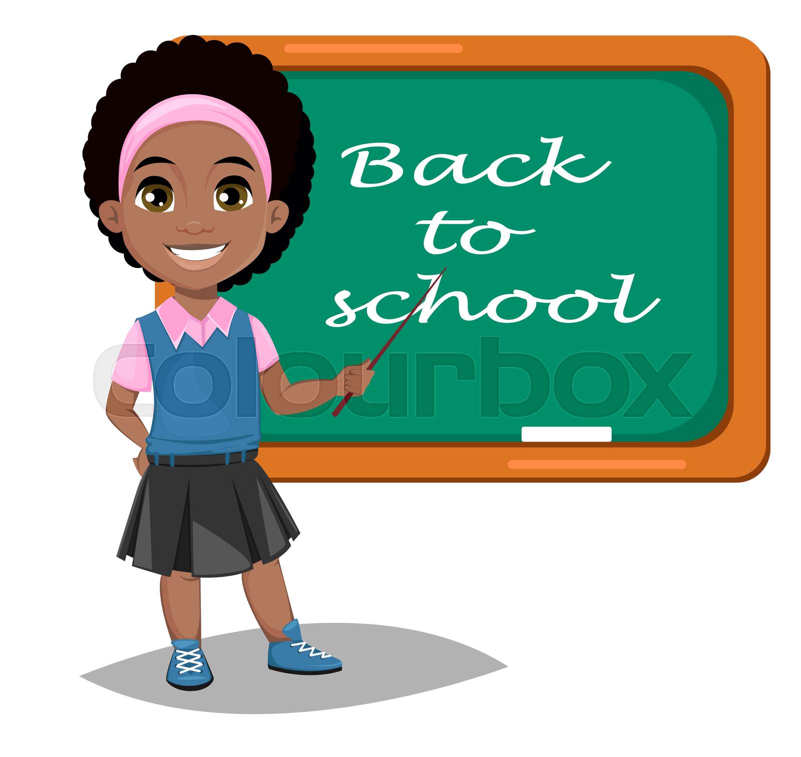 Back to school. Cute Afro-American girl standing near blackboard ...