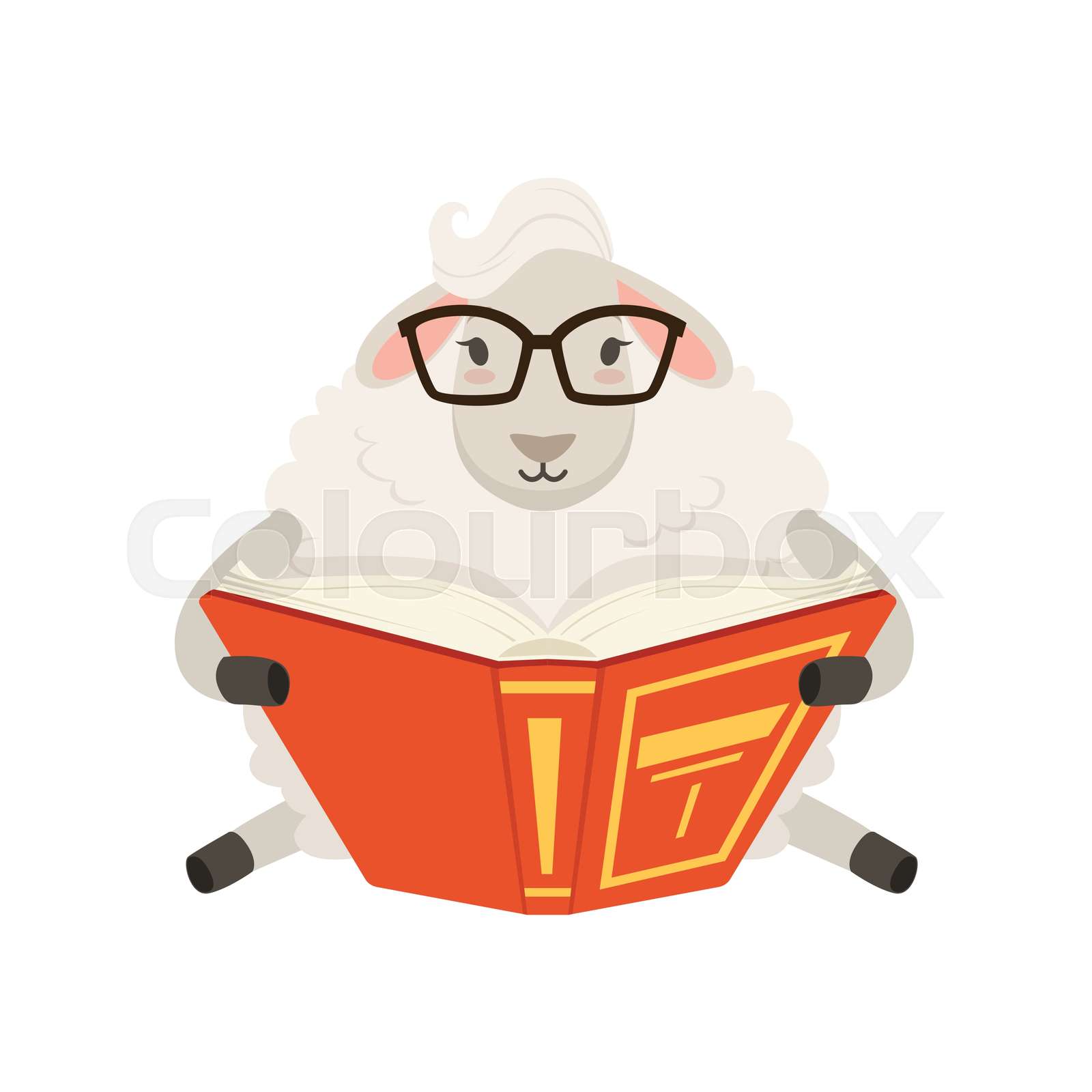 Cute white sheep character sitting and reading a book, funny humanized ...